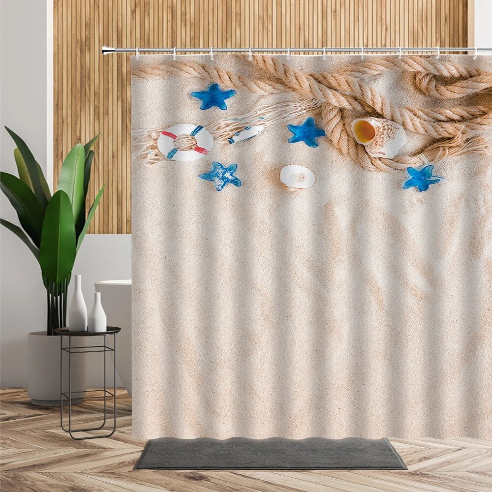 Beach Natural Scenery Shower Curtain Beach Shell StarRetro Wood Grain ...