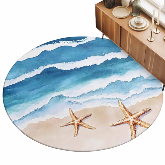 Beach Ocean Area Rugs 5' (Round) Blue Waves Starfish Abstract Floor Rug ...