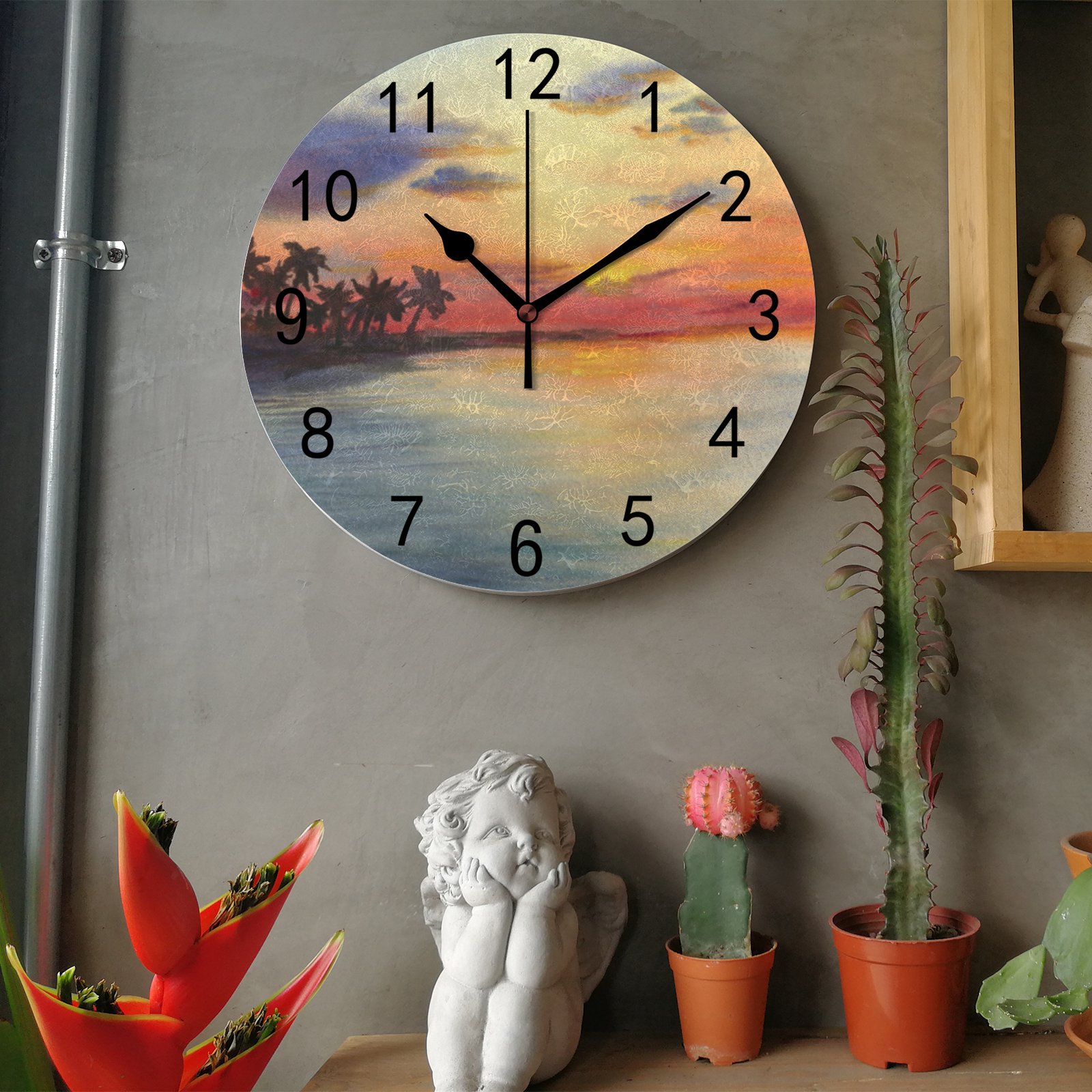 Beach Ocean At Sunset Round Wall Clock 10 Inch, Silent Non Ticking Wall Clocks Battery Operated ...