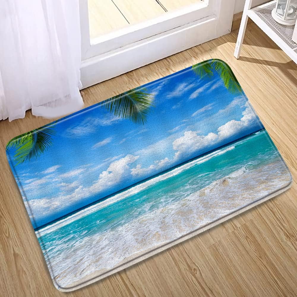 Beach Ocean Bathroom Rugs Tropical Summer Seaside Scene Island Palm ...