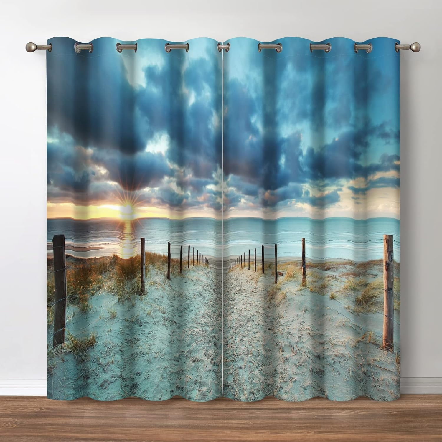 Beach Ocean Blackout Window Curtains - Costal Sunrise Sunset Natural ...