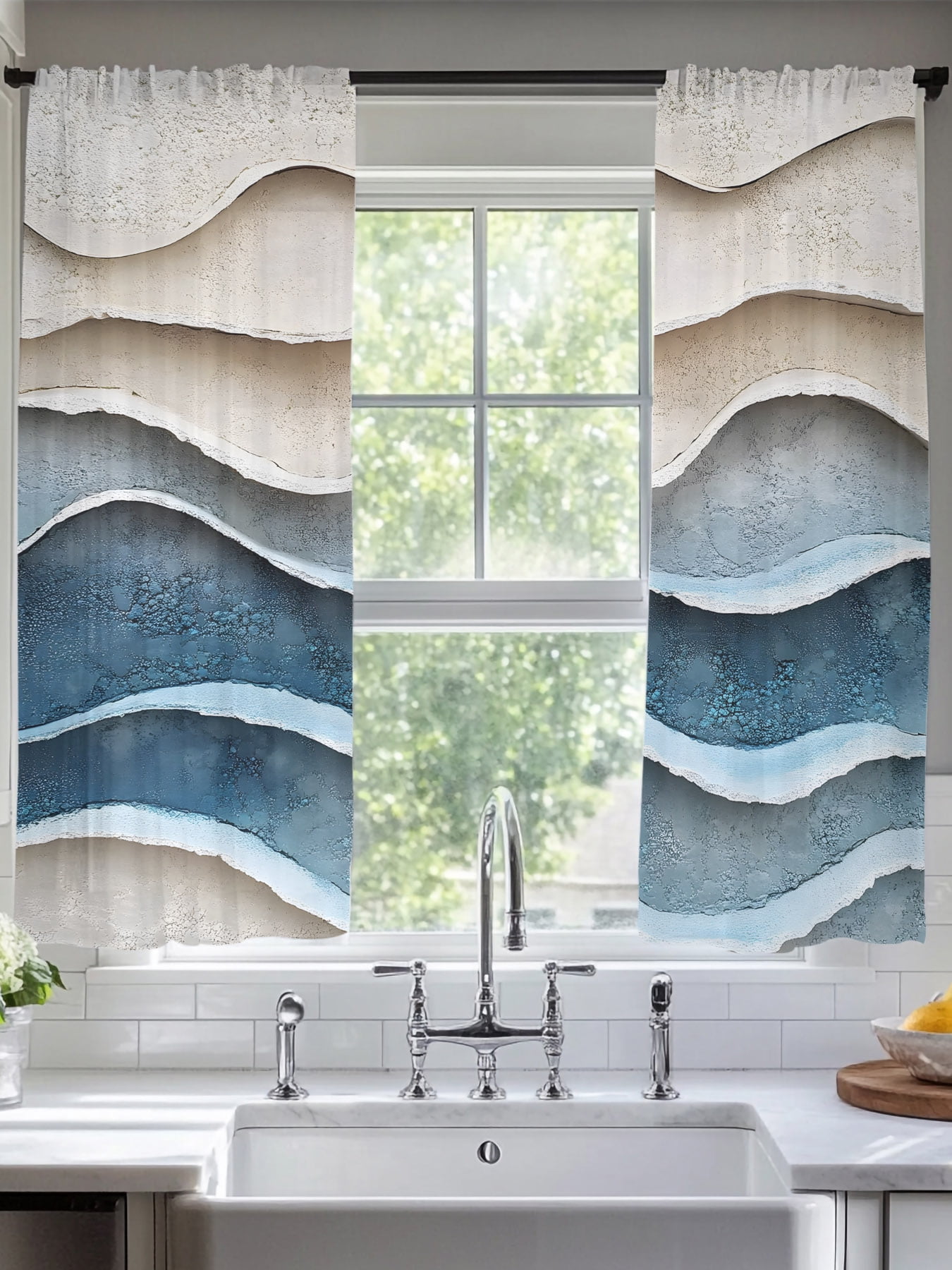 Beach Ocean Blue Gradient Wave Chiffon Sheer Curtains 72 Inches Long ...