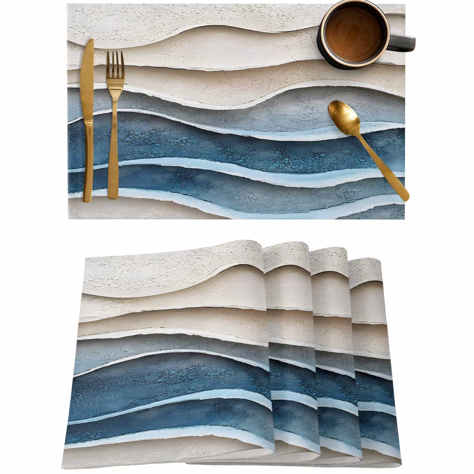 Beach Ocean Blue Gradient Wave Placemats Set of 4,Wipeable Washable ...