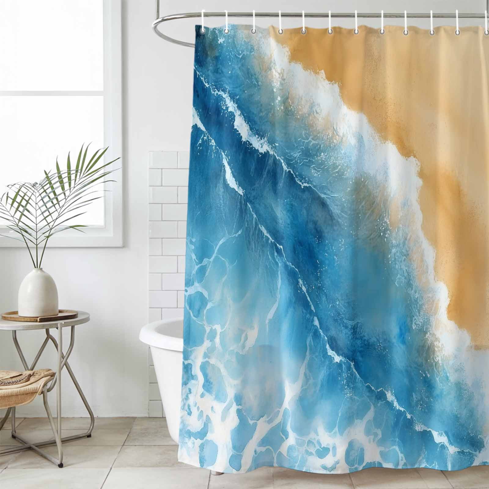 Beach Ocean Blue Waves Shower Curtain Set, Waterproof Shower Curtains ...