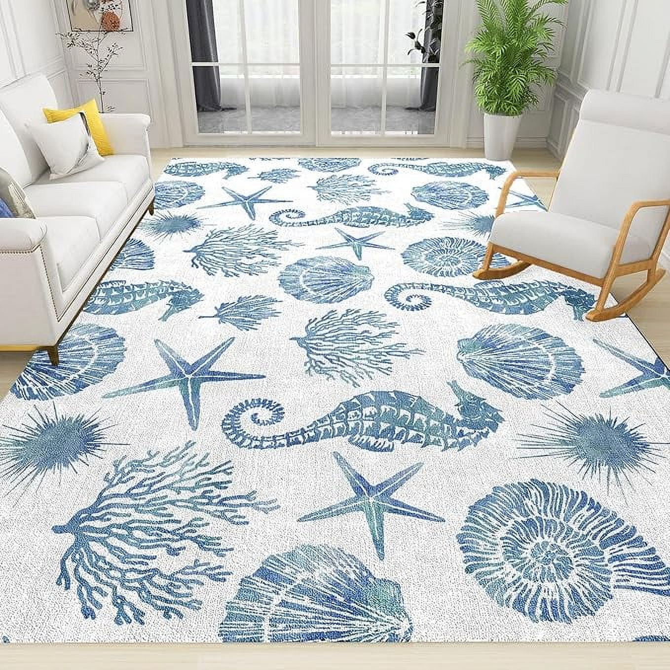 Beach Ocean Coastal Area Rug, Starfish Coral Seahorse Shells Indoor Non ...