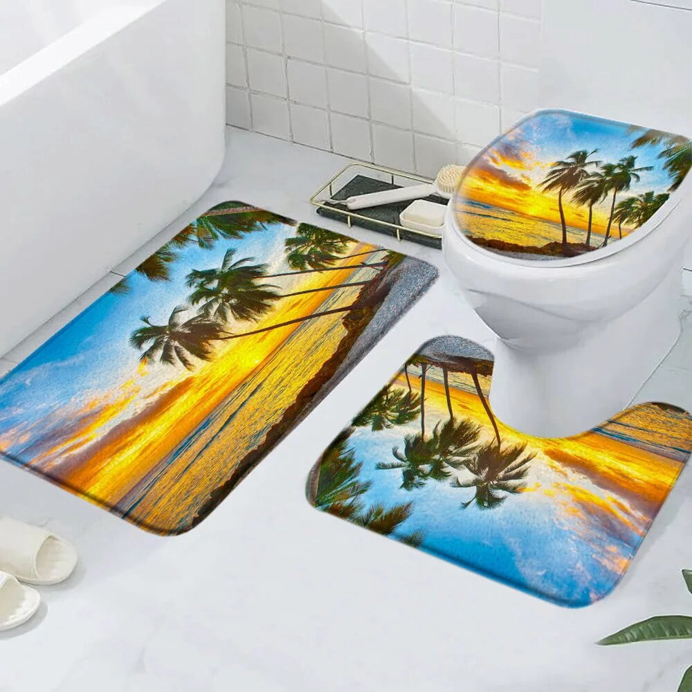 Beach Ocean Coconut Tree Blue Sky Tropical Bath Mat Seaside Dusk Sunset ...