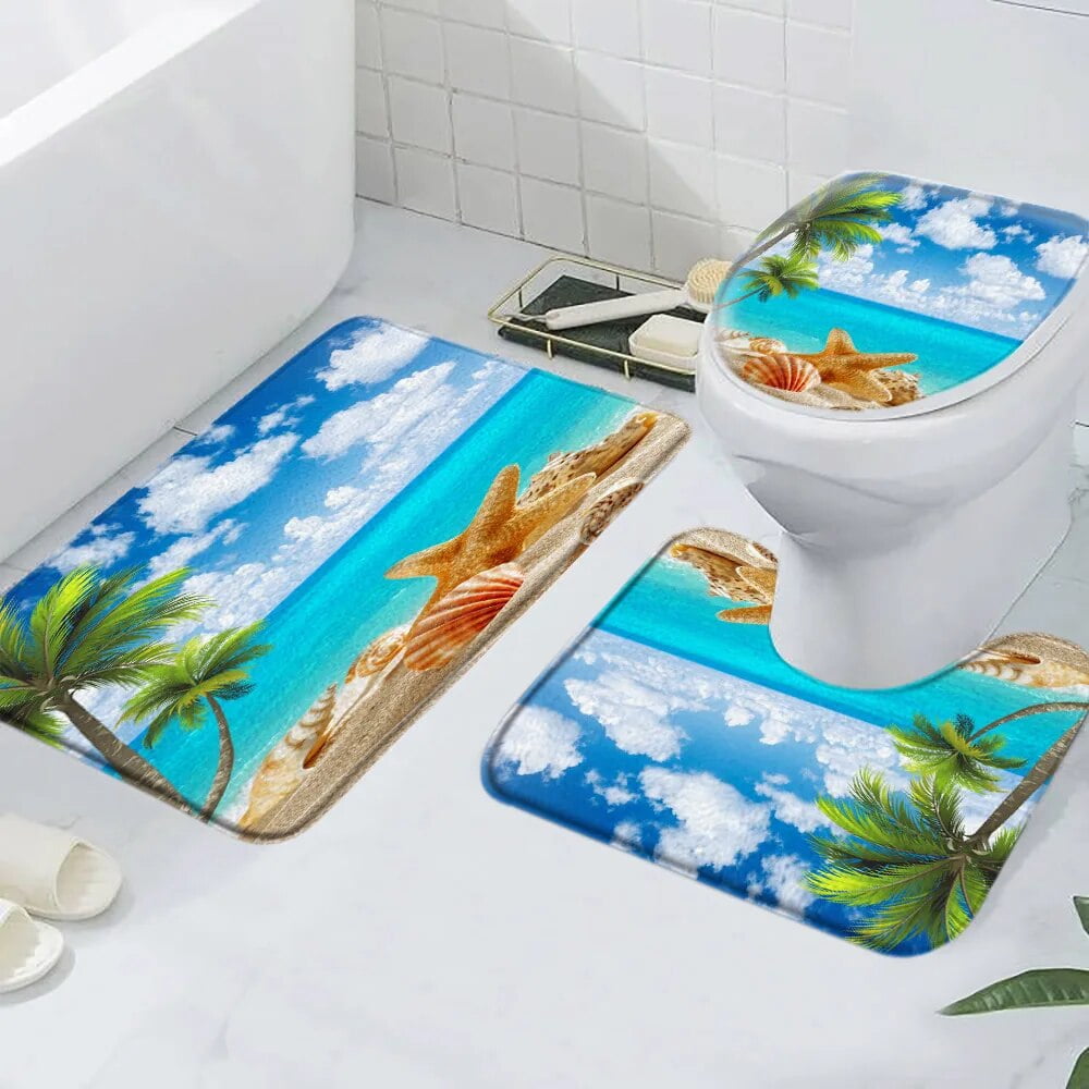Beach Ocean Coconut Tree Blue Sky Tropical Bath Mat Seaside Dusk Sunset ...
