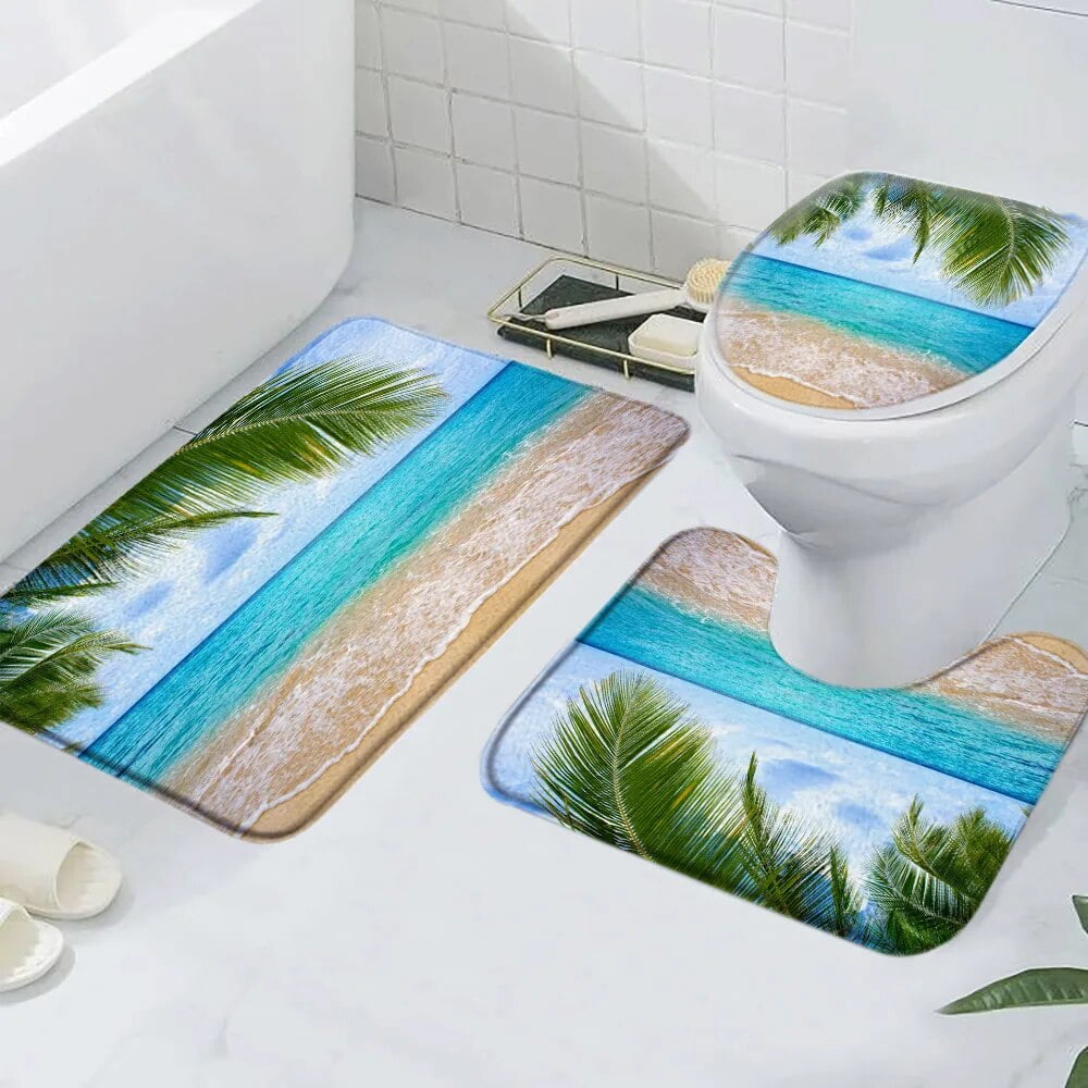 Beach Ocean Coconut Tree Blue Sky Tropical Bath Mat Seaside Dusk Sunset ...
