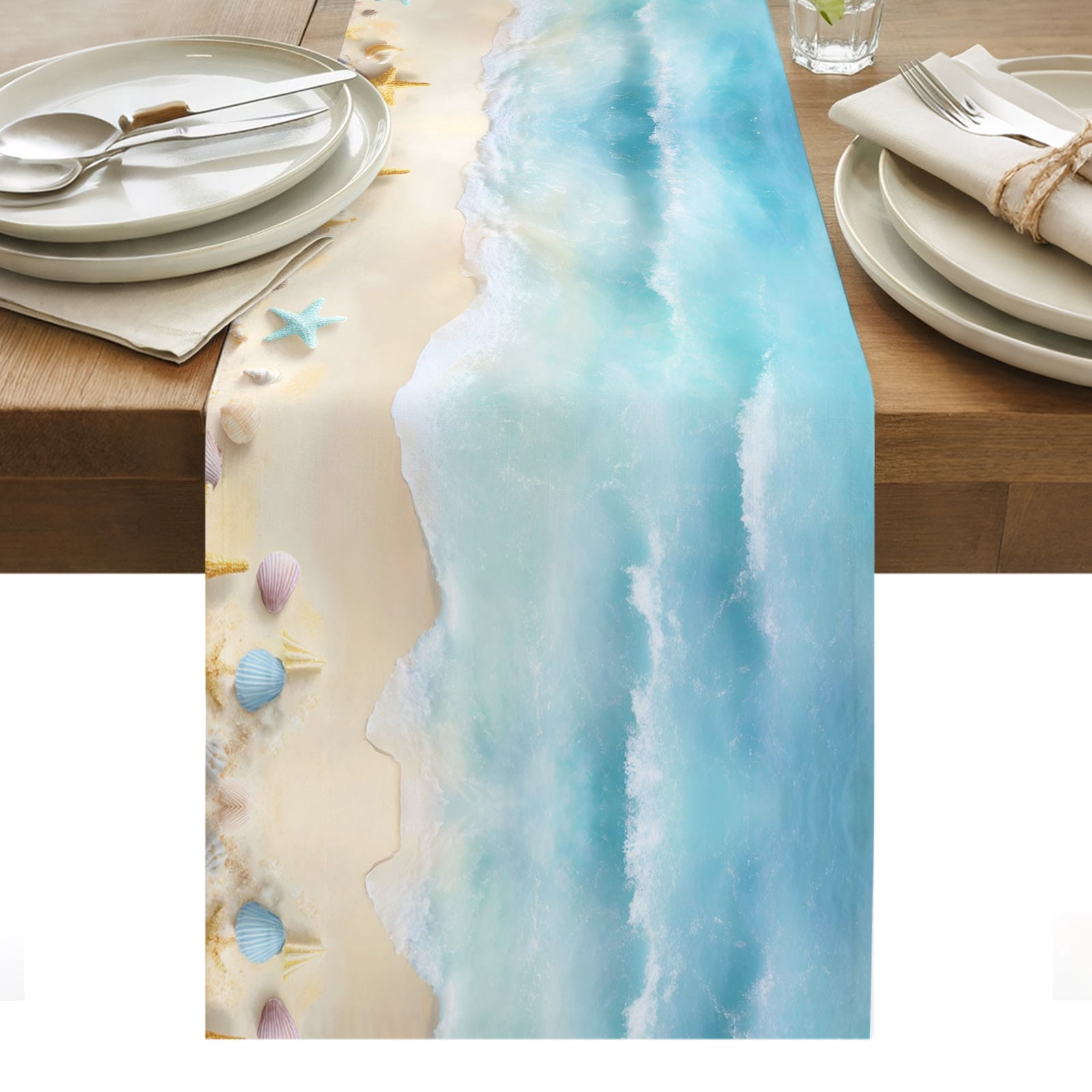 Beach Ocean Cotton Linen Table Runner Abstract Gradient Teal Ocean ...