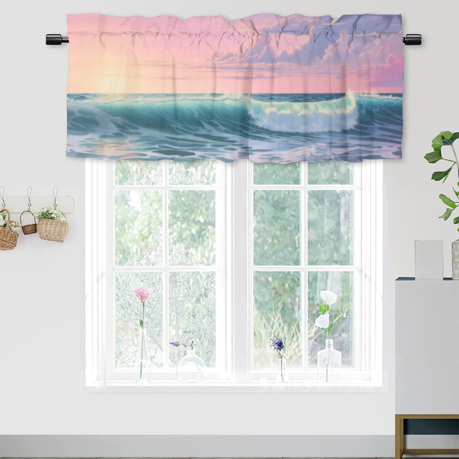 Beach Ocean Curtains Valances for Home Decor Watercolor Sunrise View ...