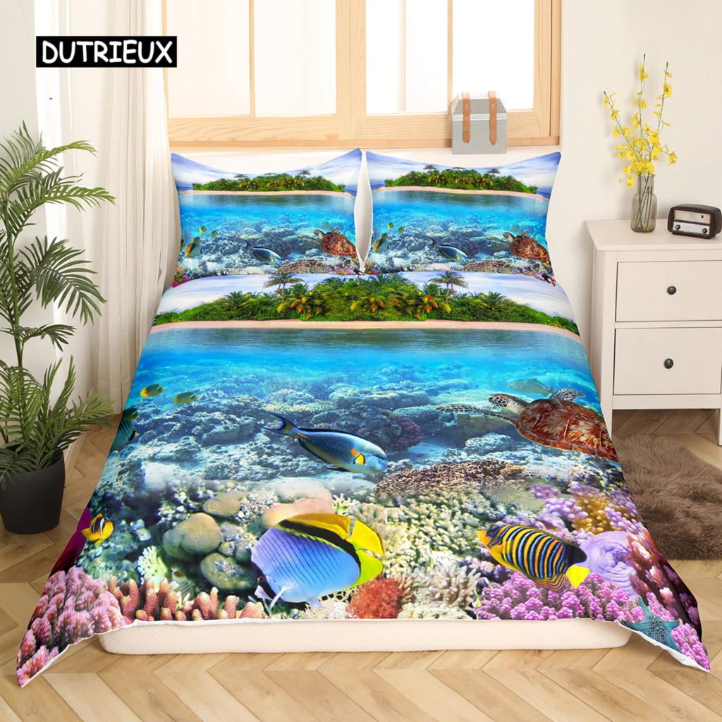 Beach Ocean Duvet Cover Set Hawaiian Palm Tree Waves Bedclothes ...