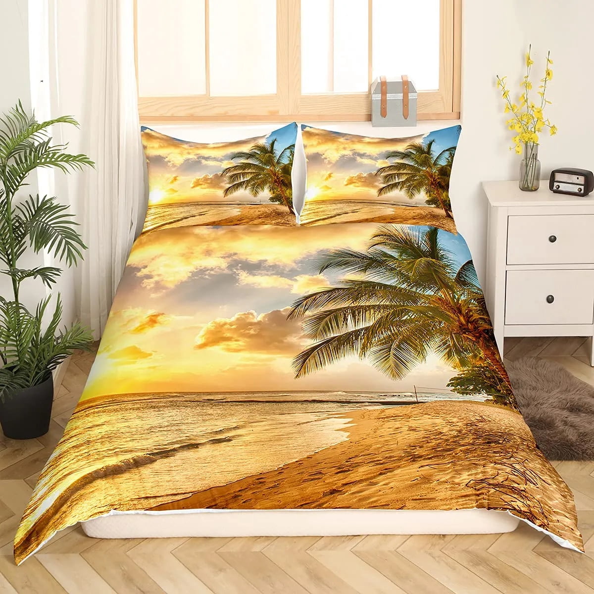 Beach Ocean Duvet Cover Set Hawaiian Palm Tree Waves Bedclothes ...
