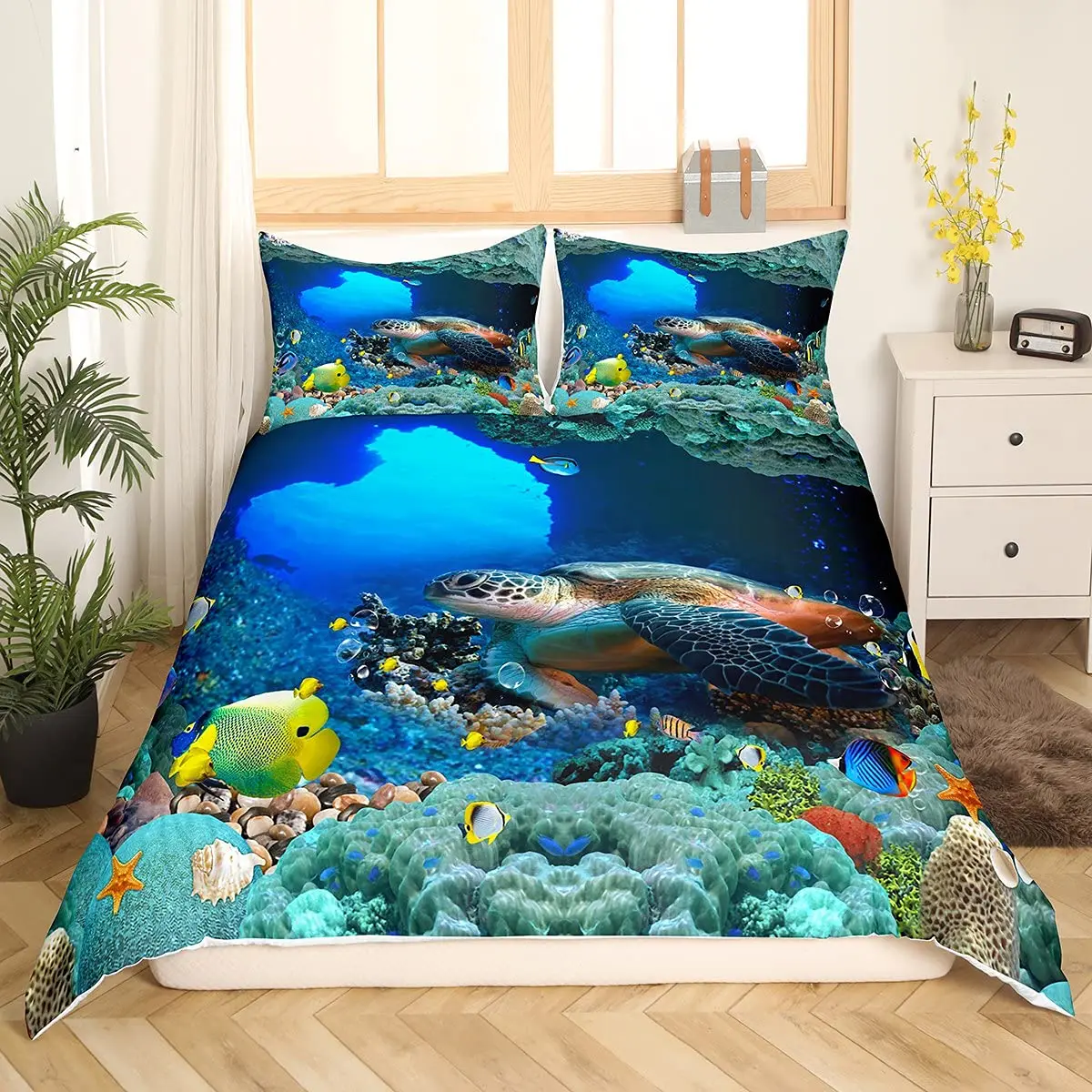 Beach Ocean Duvet Cover Set Hawaiian Palm Tree Waves Bedclothes ...