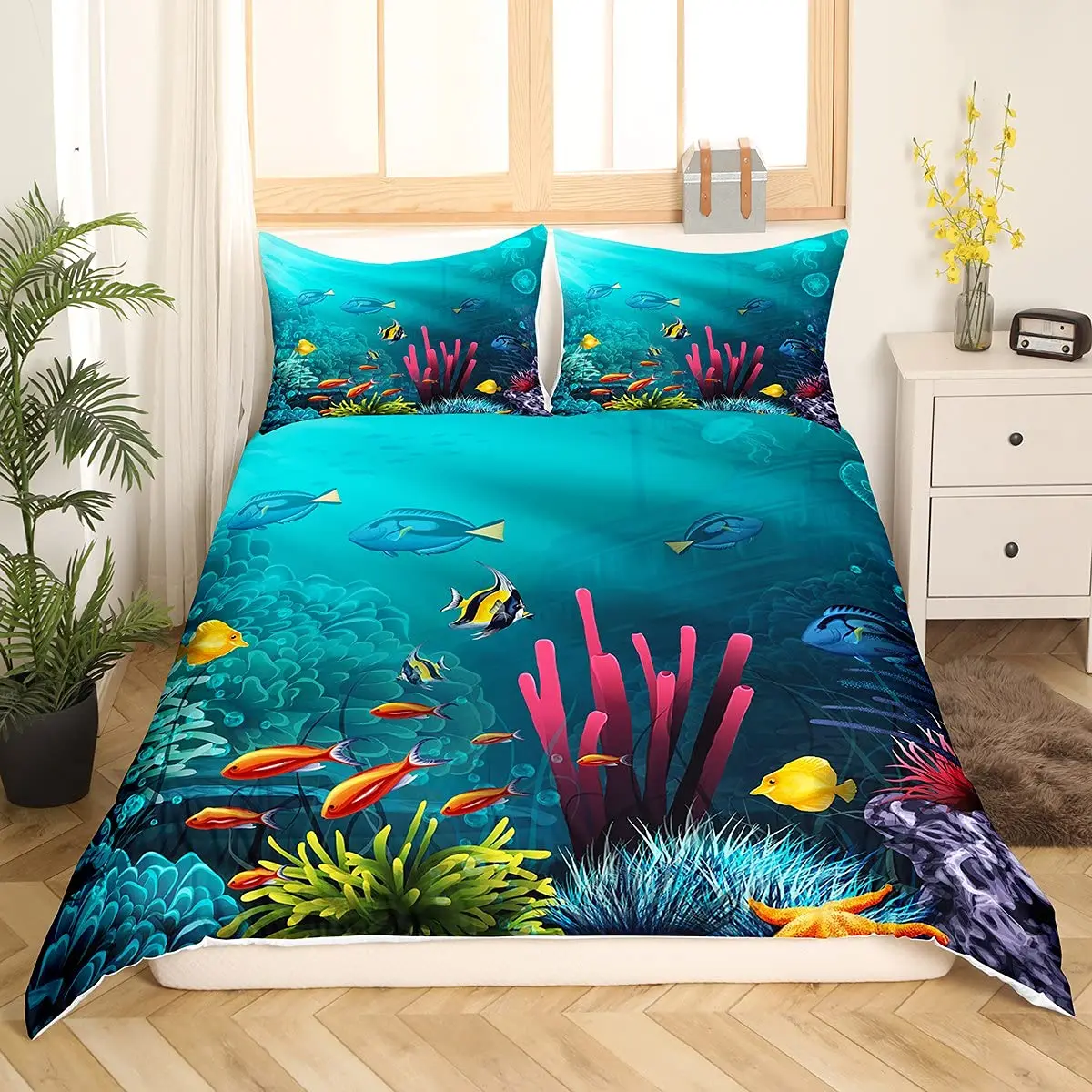 Beach Ocean Duvet Cover Set Hawaiian Palm Tree Waves Bedclothes ...