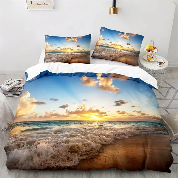 Beach Ocean Duvet Cover Set Sunset Hawaiian Waves Comforter Cover Tropical Island and Sea Beach ...