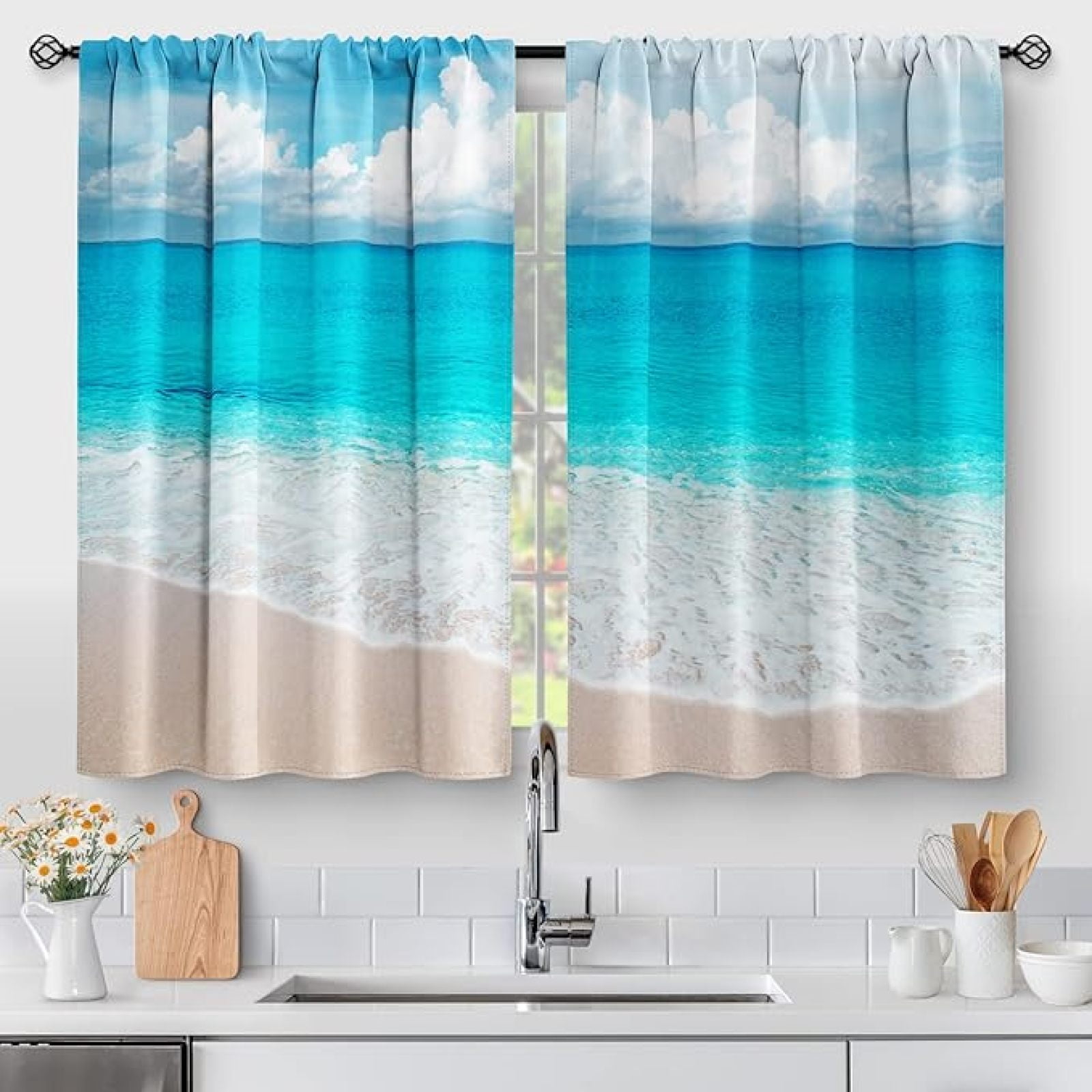 Beach Ocean Kitchen Cafe Curtains - Blue Sea Theme Decor For Living ...