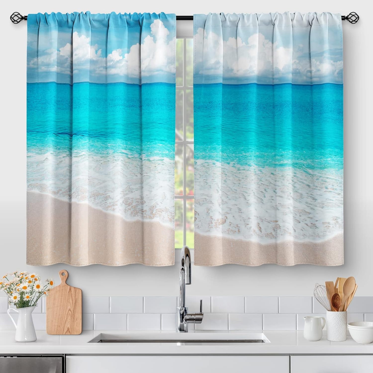 Beach Ocean Kitchen Curtains - Blue Sea Theme Short Cafe Curtains Decor ...