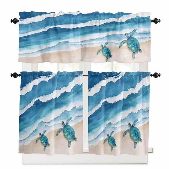 Beach Ocean Kitchen Curtains Valance and Tier Set Blue Waves Abstract ...
