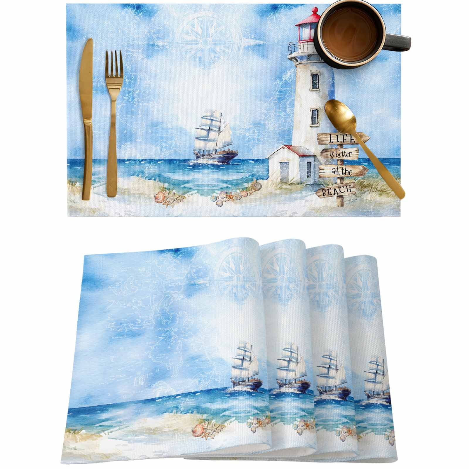 Beach Ocean Lighthouse Boat Placemats Set of 4,Wipeable Washable Table ...