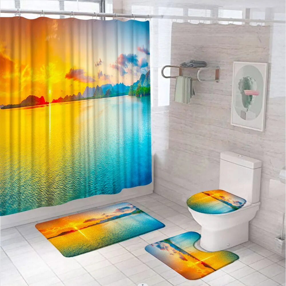 Beach Ocean Palm Tree Bathroom Sets Shower Curtain Rug Bath Mats Toilet ...