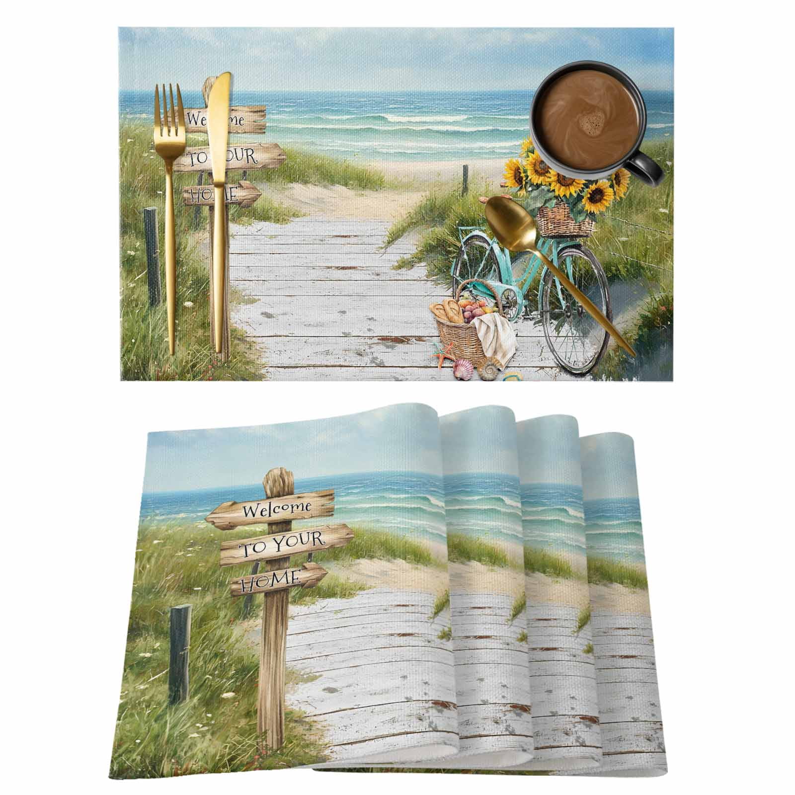 Beach Ocean Placemats Set of 4 Blue Sea Sunflower Modern Country Green ...