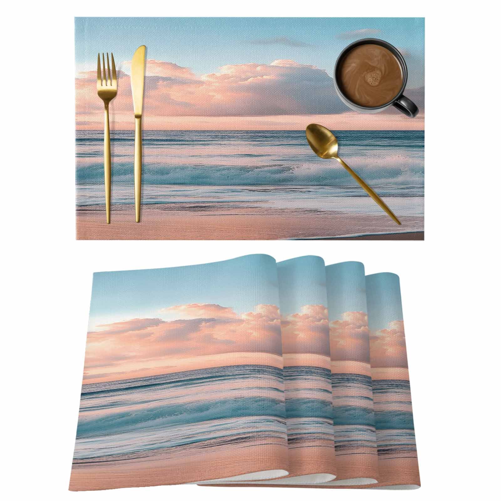 Beach Ocean Placemats Set of 8 Sunset Scenery Seashore Horizon Summer ...