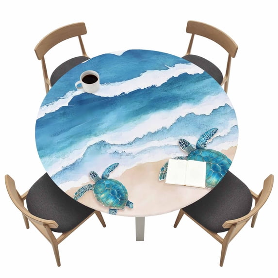 Beach Ocean Round Fitted Tablecloth Blue Waves Abstract Turtle Elastic ...
