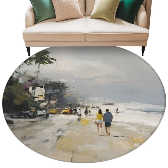 Beach Ocean Round Rug 8ft Washable Circle Rugs Non Slip Coastal Seaside ...