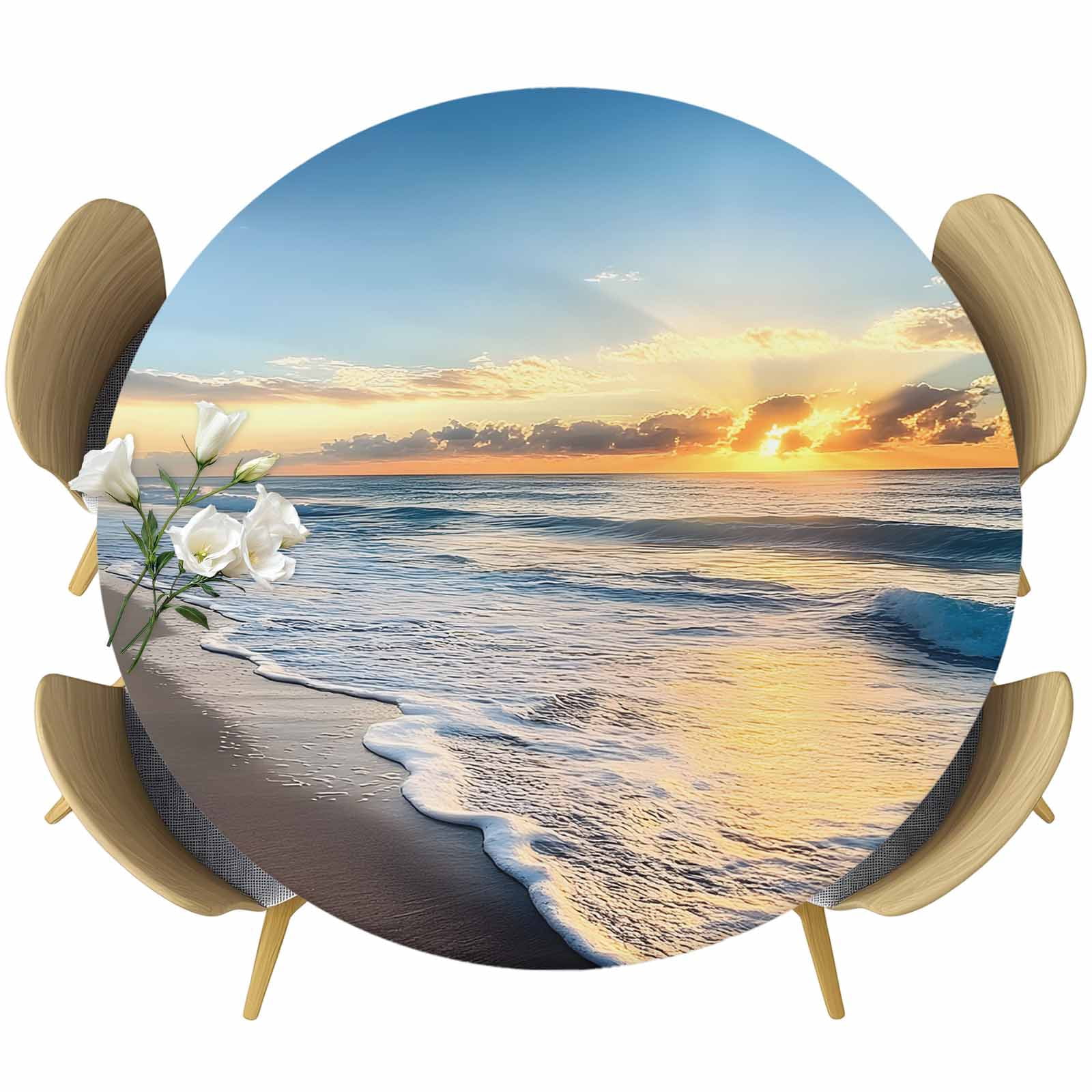 Beach Ocean Round Tablecloth 55-60 Inch Round Fitted Table Cloth with ...