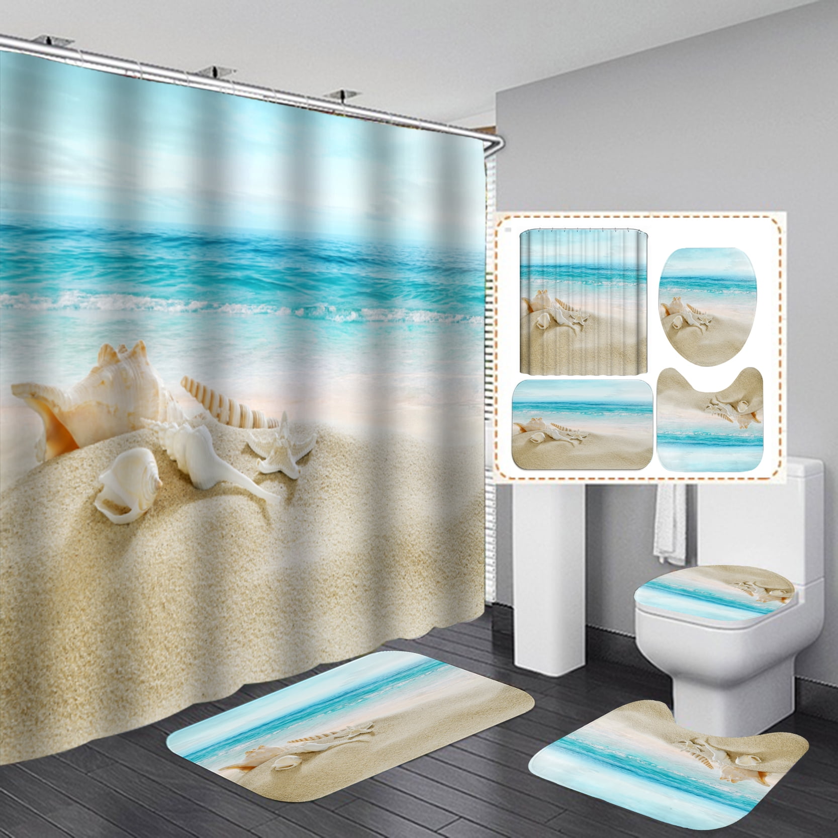 Beach Ocean Sea Theme Shower Curtain Bath Mat Set Sunrise At Tropical ...