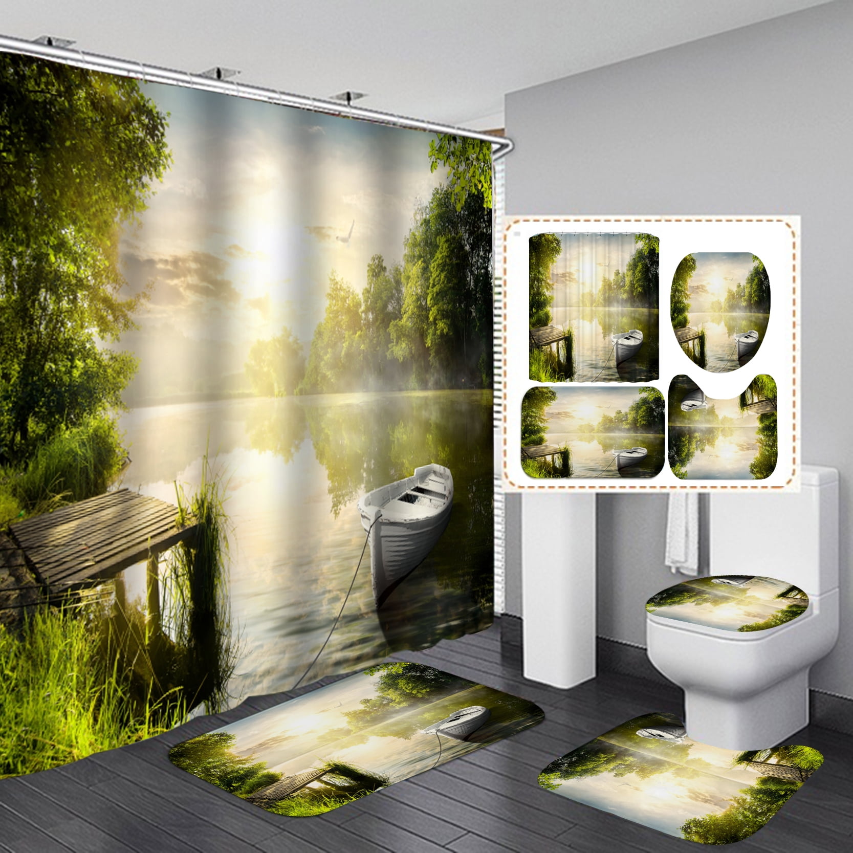 Beach Ocean Sea Theme Shower Curtain Bath Mat Set Sunrise At Tropical ...