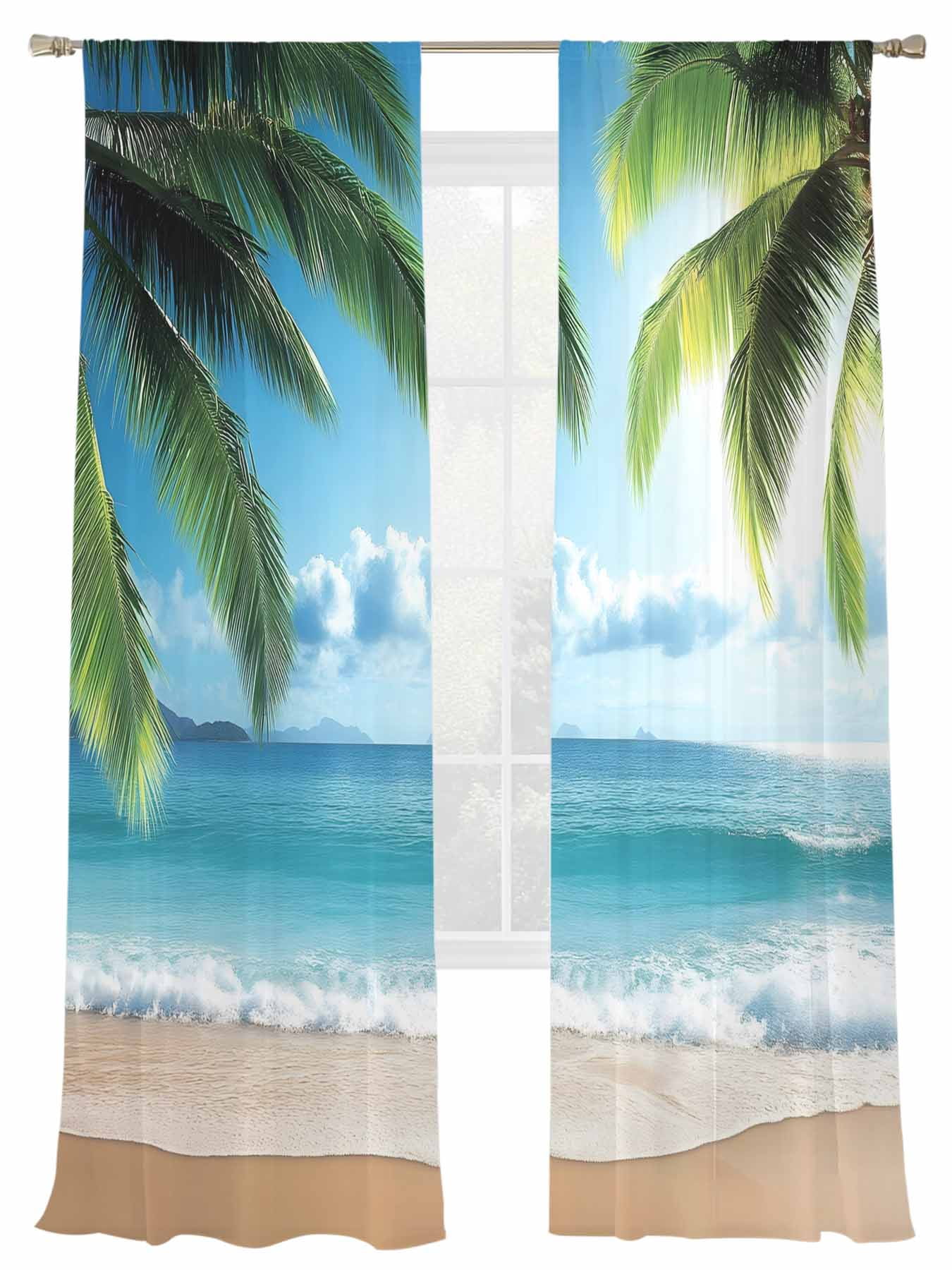 Beach Ocean Sheer Curtains 108 Inch Length 2 Panels Set, Semi ...
