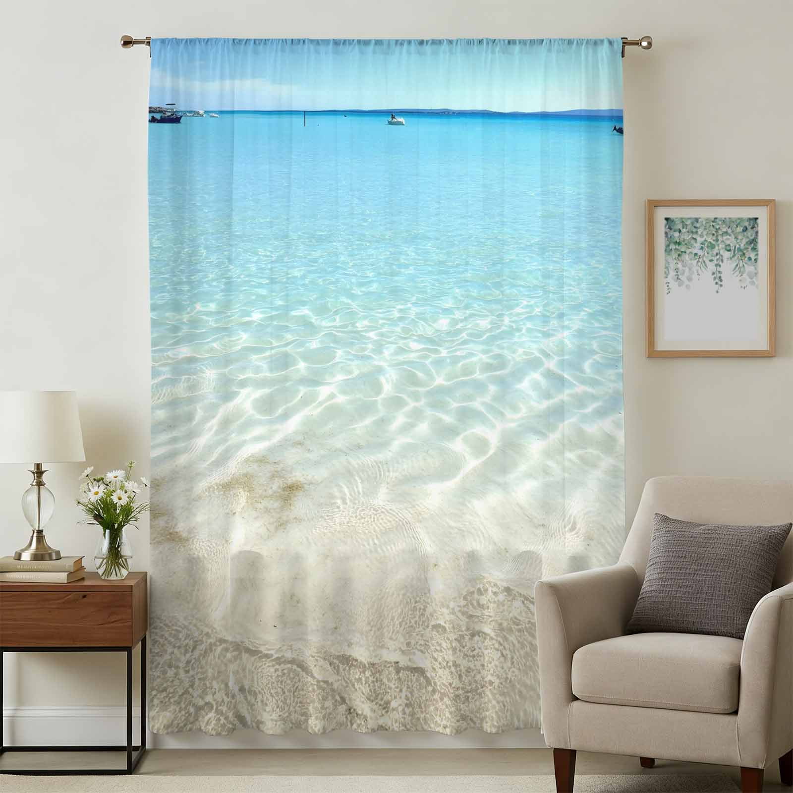 Beach Ocean Sheer Curtains 108 Inches Extra Long, Blue Sky Sea Waves ...