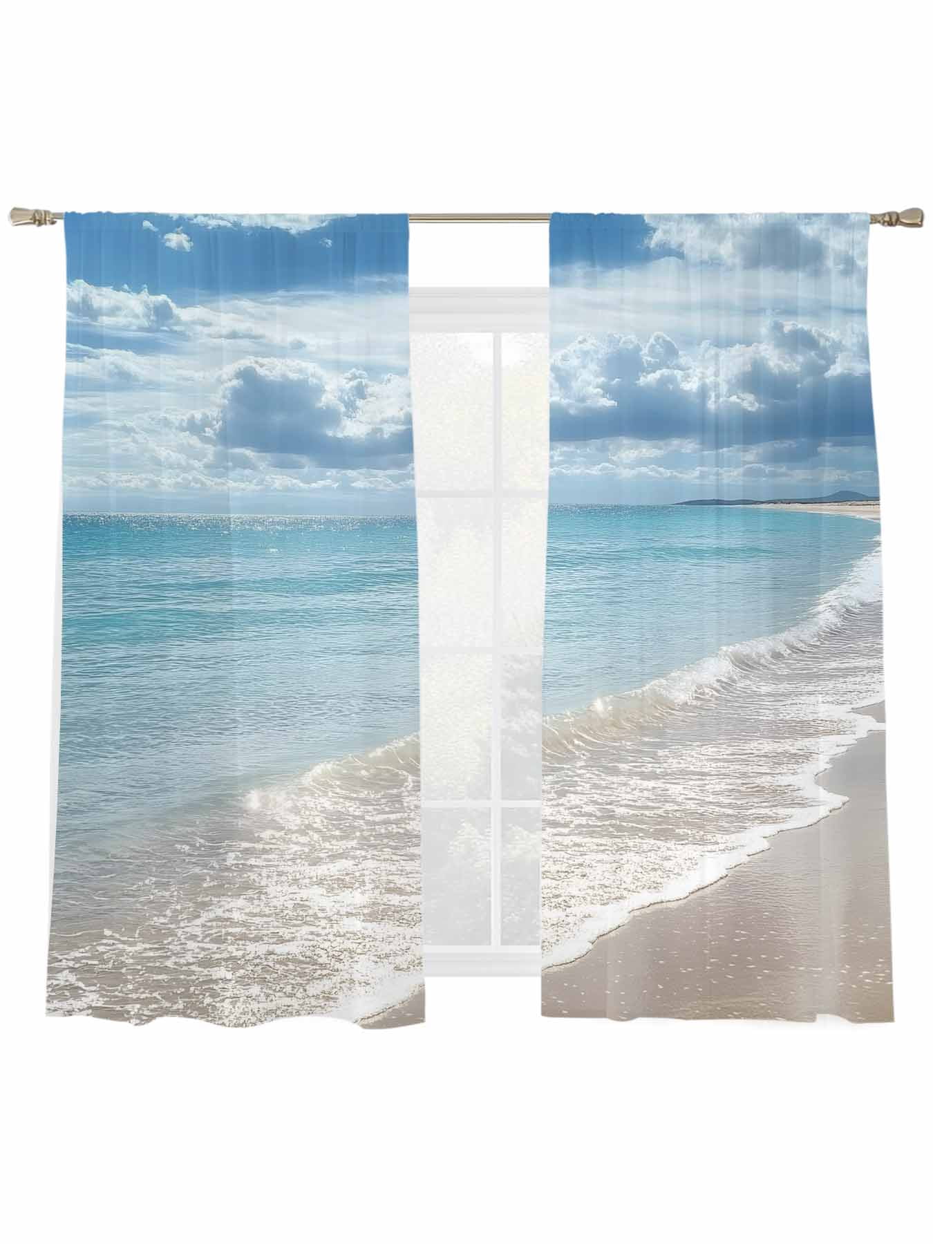 Beach Ocean Sheer Curtains 63 Inch Length 2 Panels Set, Semi ...