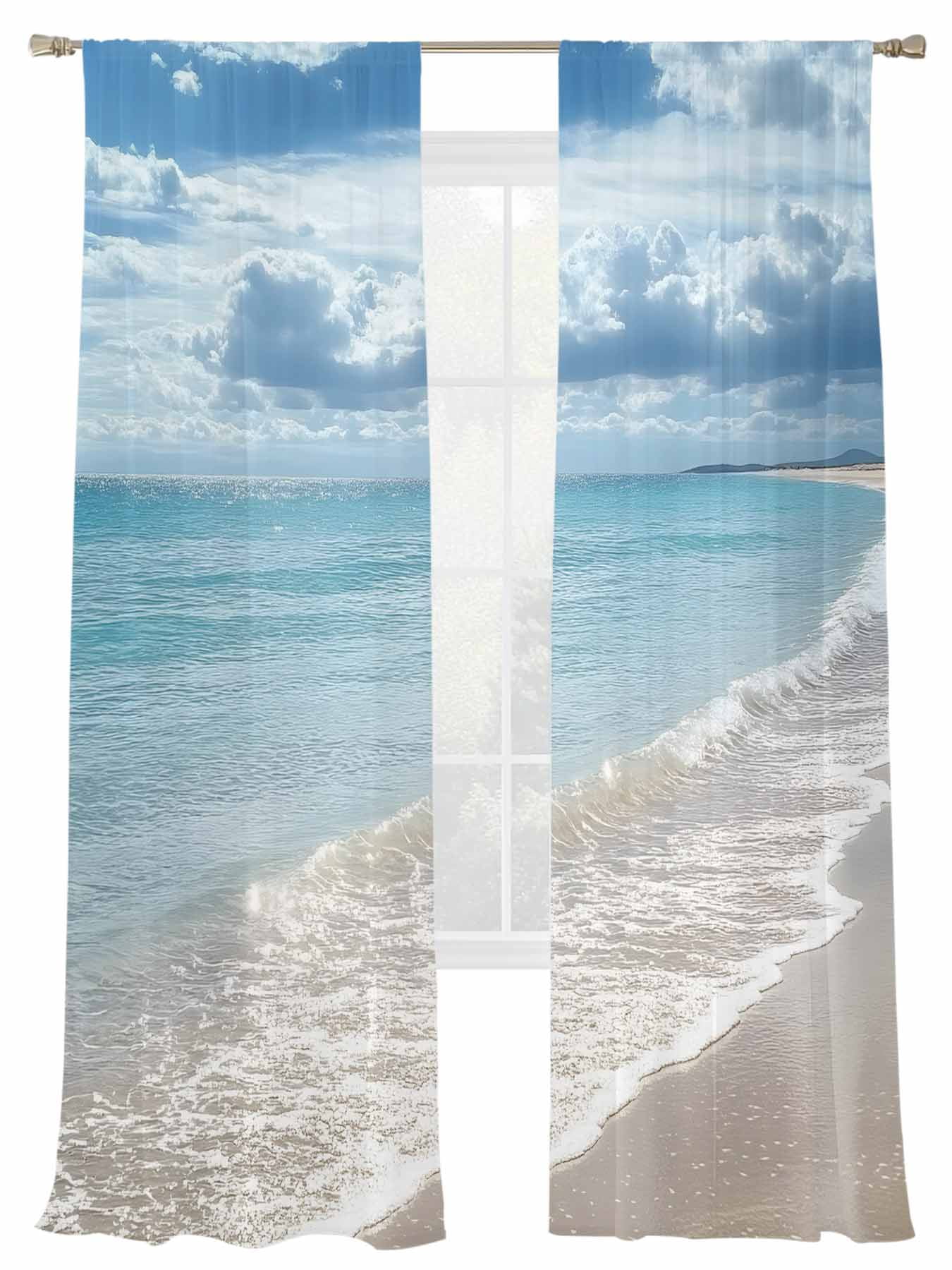 Beach Ocean Sheer Curtains 84 Inch Length 2 Panels Set, Semi ...