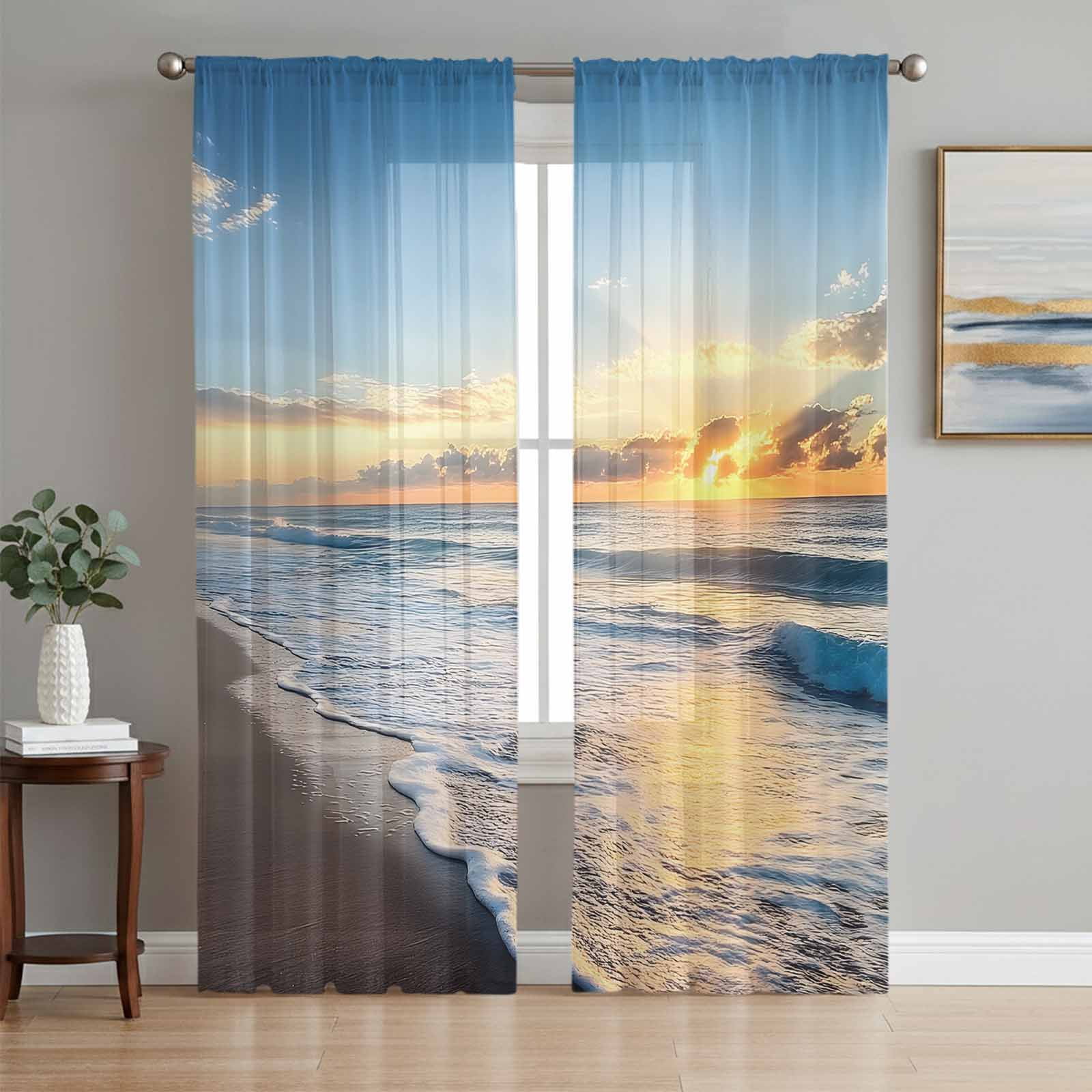 Beach Ocean Sheer Curtains 96 Inch Length 2 Panels Set, Sunset Sea ...