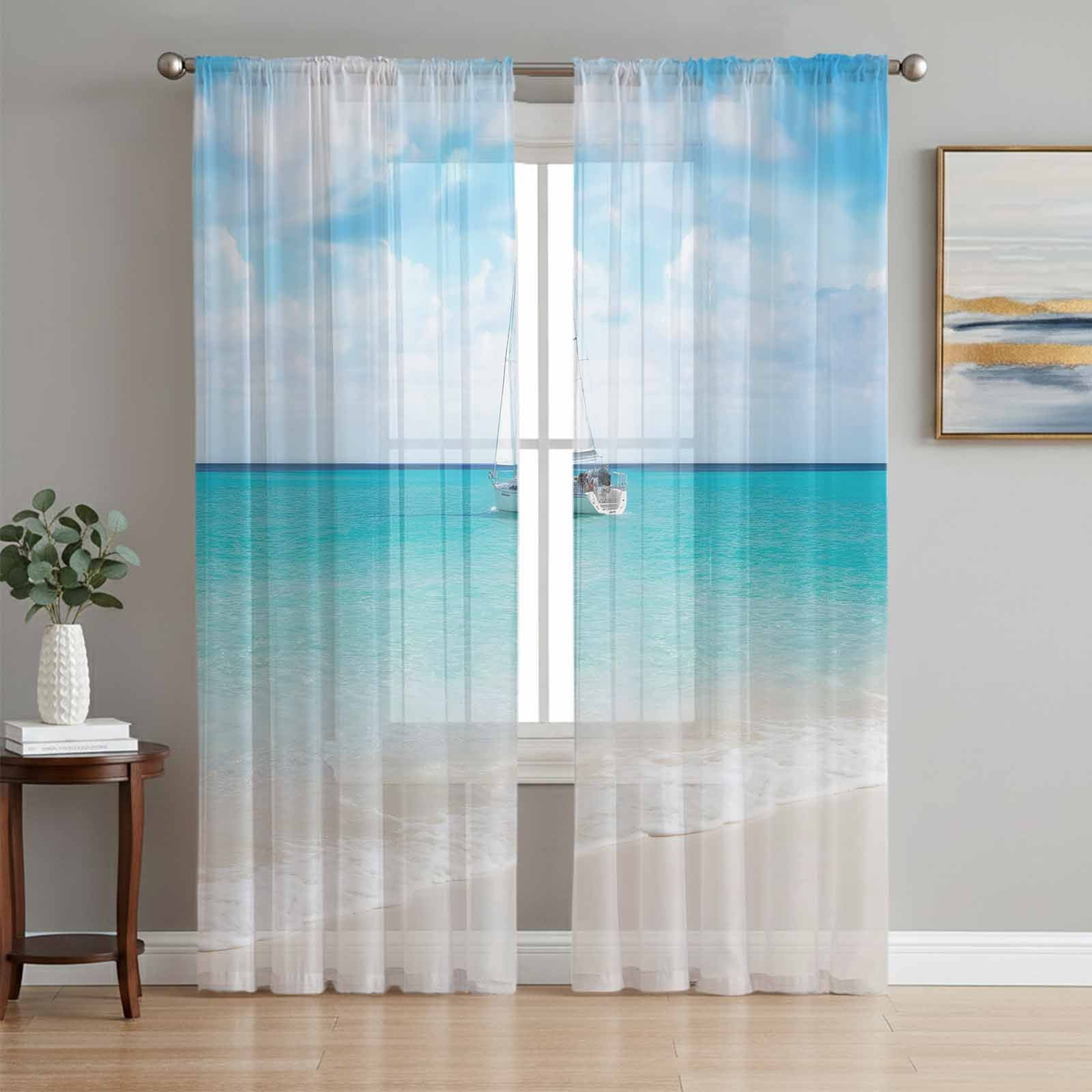 Beach Ocean Sheer Curtains for Living Room Bedroom Nautical Ship Blue ...