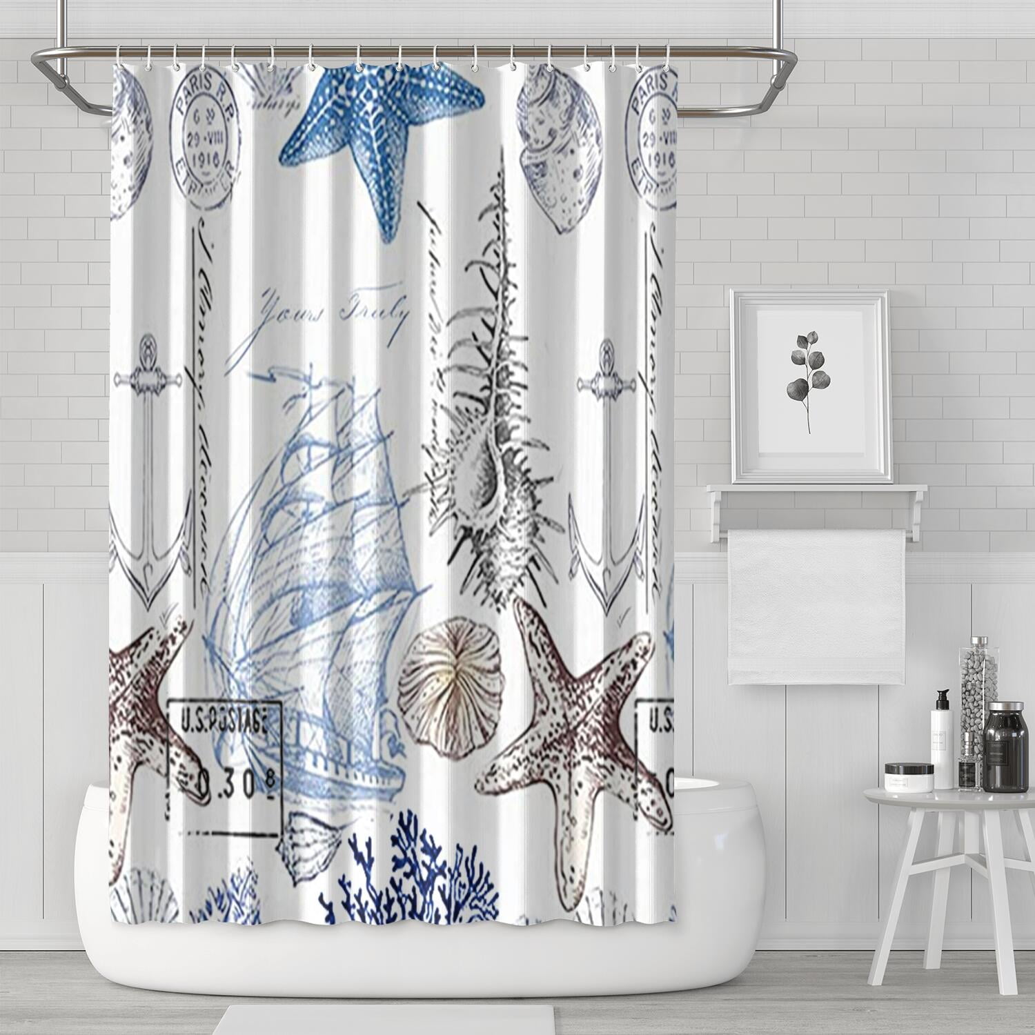 Beach and Ocean Shower Curtain with Nautical Starfish, Seahorse, and ...