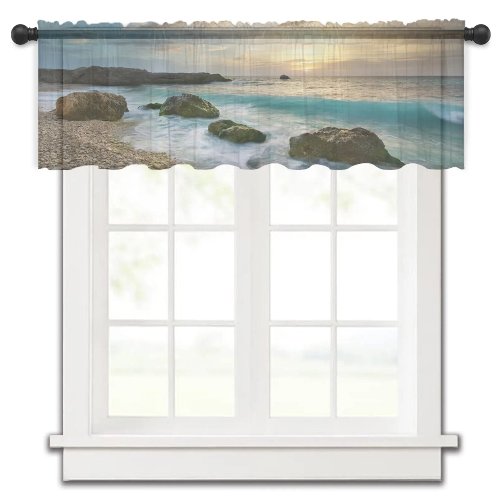 Beach Ocean Sunrise Sky Scenery Horizon Window Curtain Tulle Sheer ...