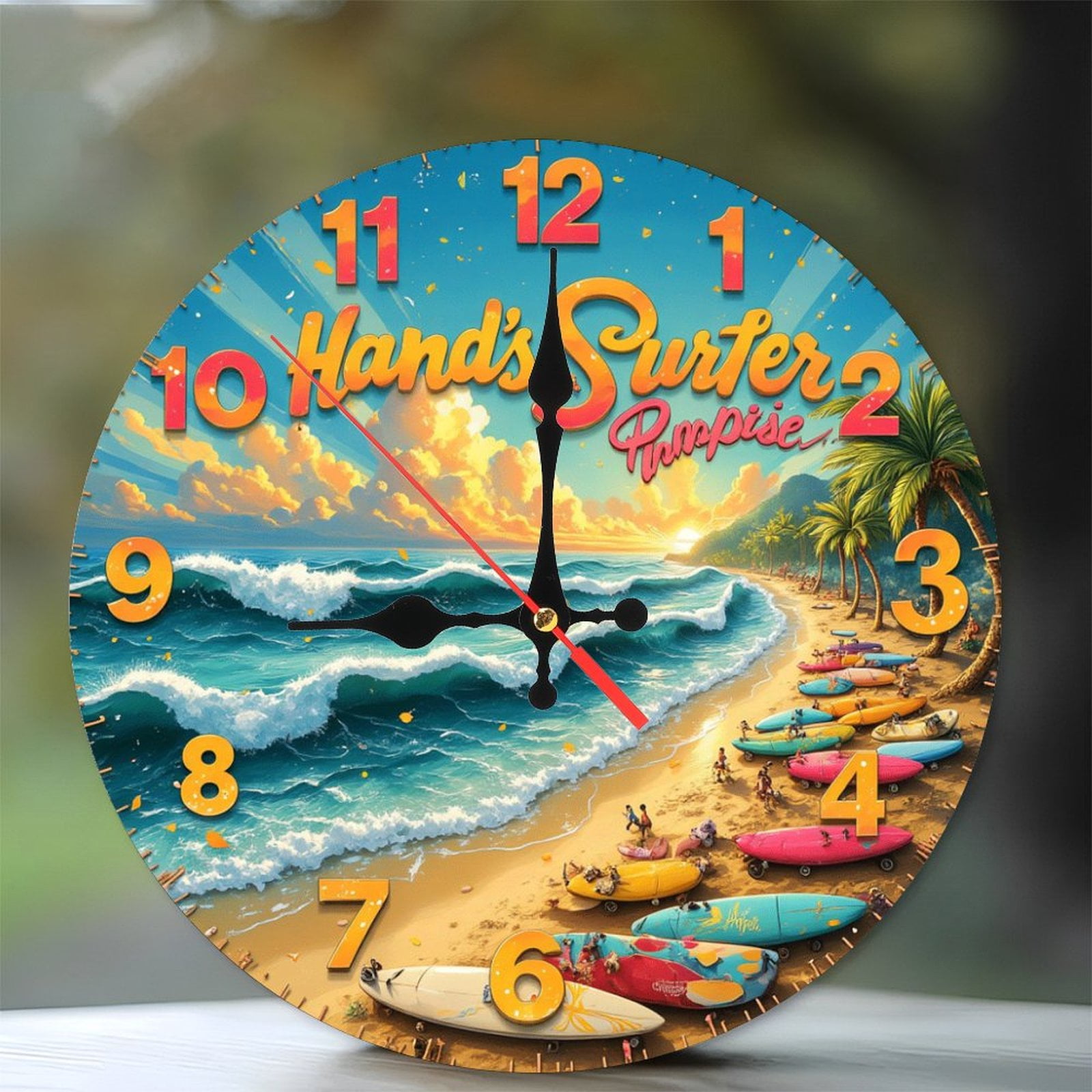 Beach Ocean Sunset Surfboard Wall Clock Decor 10-Inch Silent Wooden ...