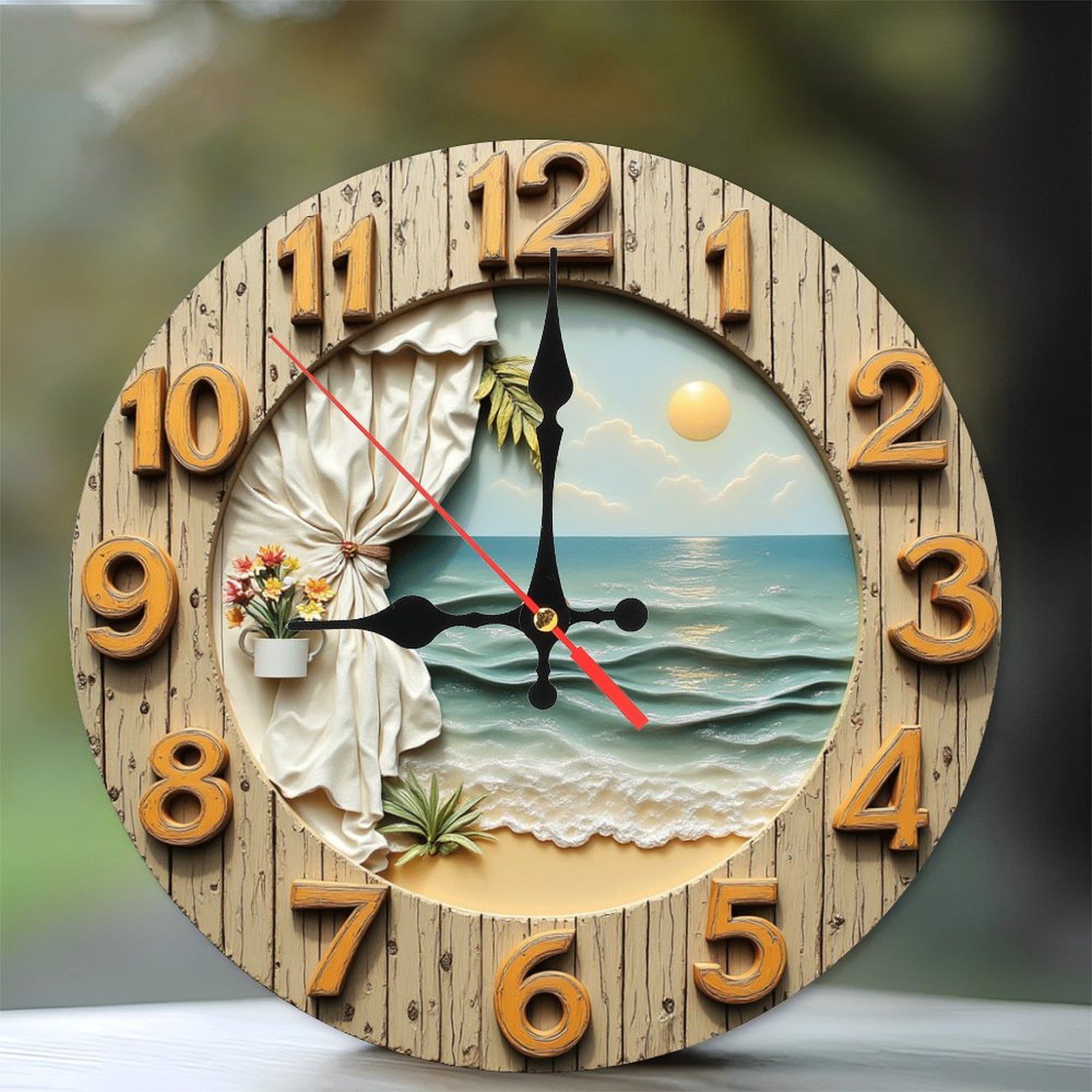 Beach Ocean Sunset Wall Clock 2D Relief Art Decor 10-Inch Silent Wooden Wall Clock, Battery ...