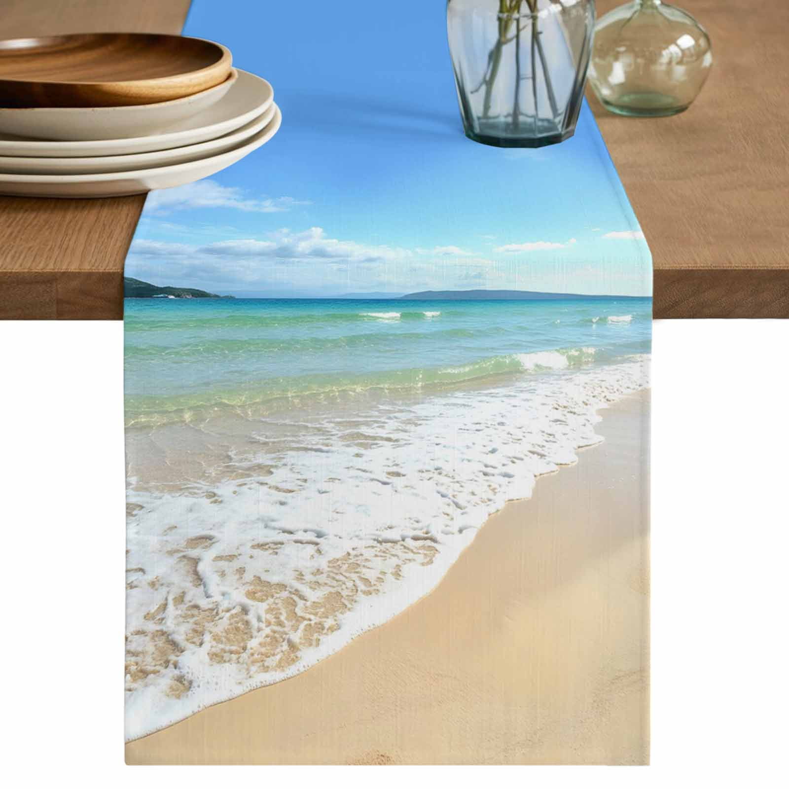 Beach Ocean Table Runner 70 Inches, Nature Sand Sky Cloudy Sea Waves ...
