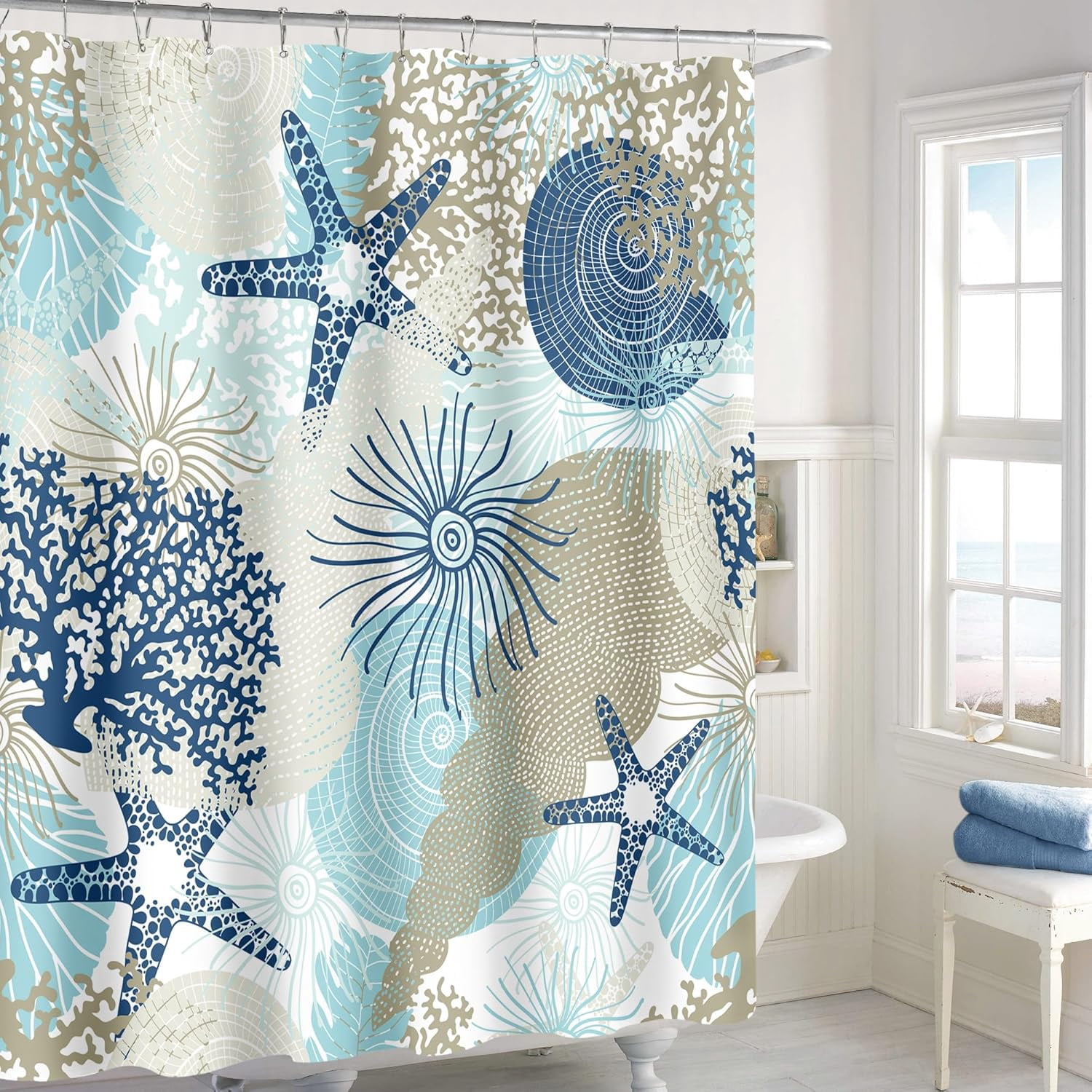 Beach Ocean Themed Shower Curtain, Cute Nautical Coastal Shower Curtain ...