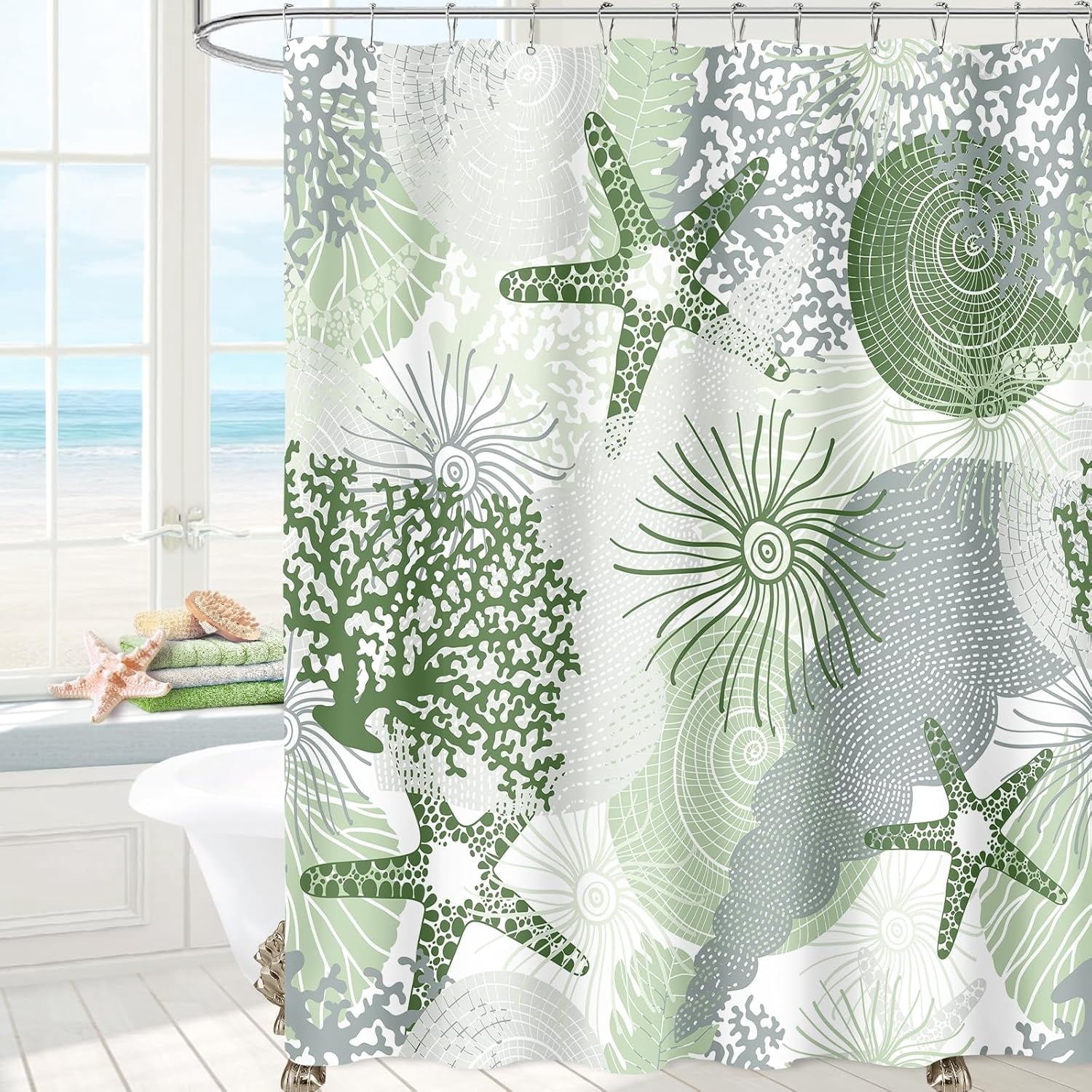 Beach Ocean Themed Shower Curtain, Sage Green Cute Nautical Coastal ...