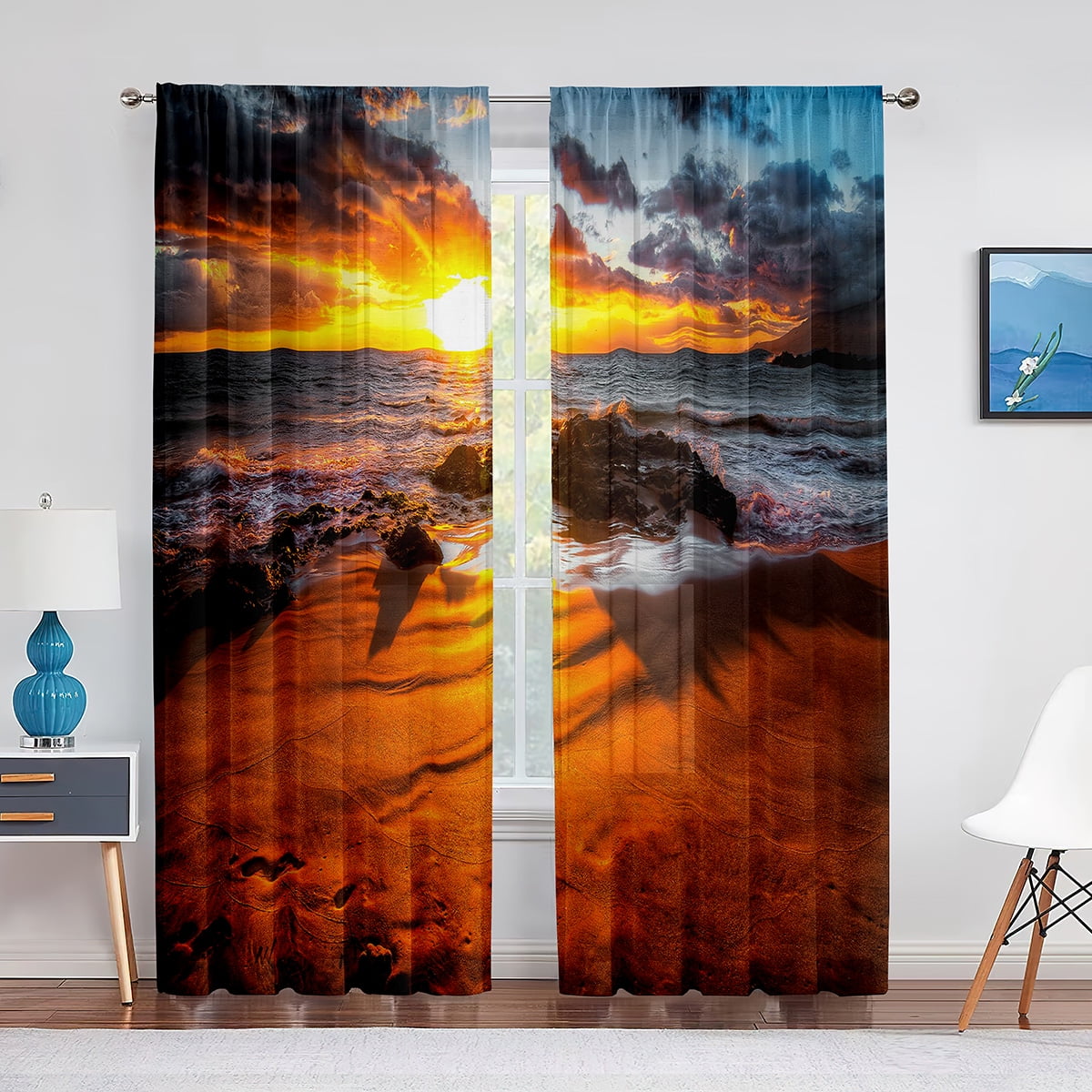 Beach Ocean Tropical Landscape Sheer Voile Curtain Hawaiian Sunset Sea ...