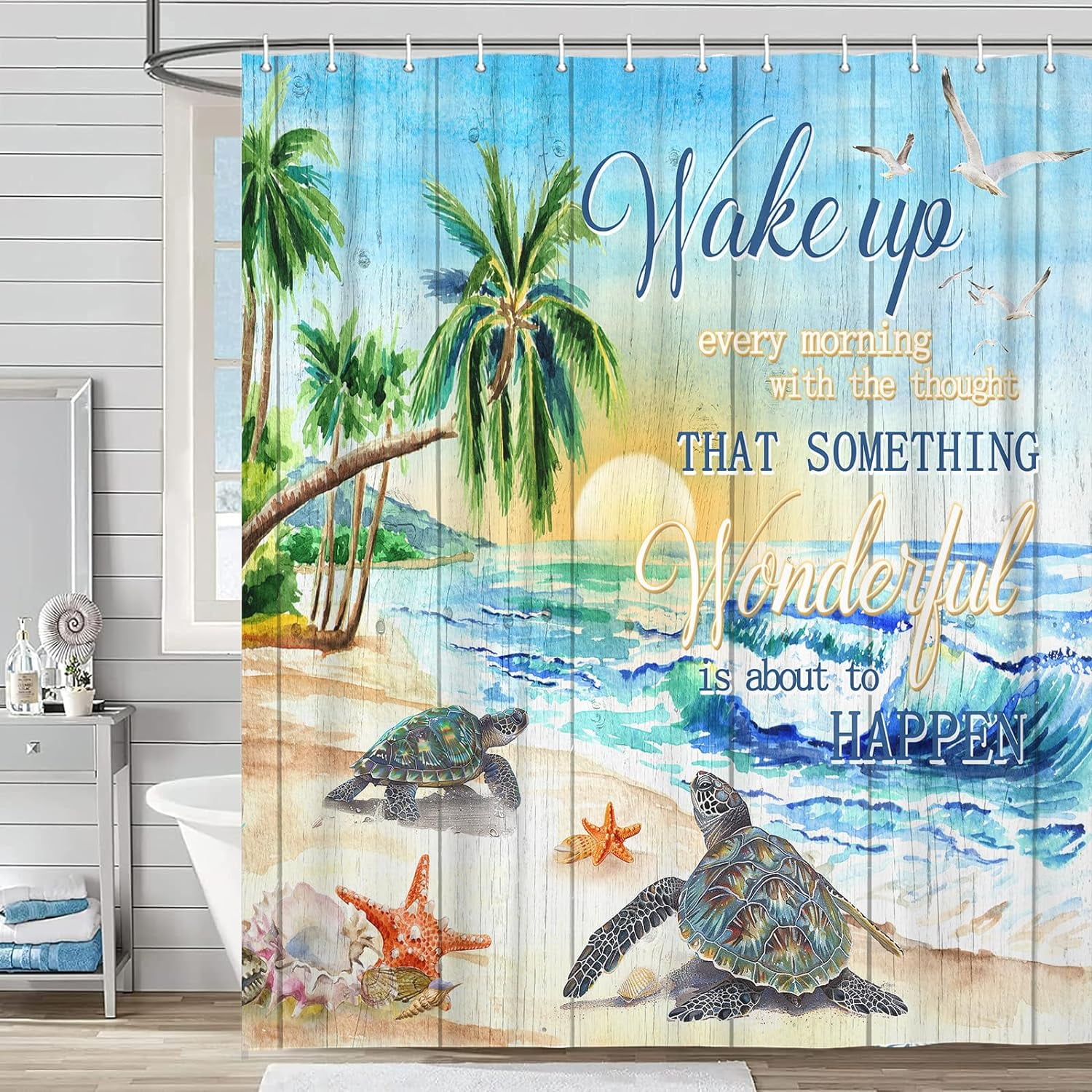 Beach Ocean Turtle Shower Curtain, Coastal Quote Wooden Fabric Shower ...