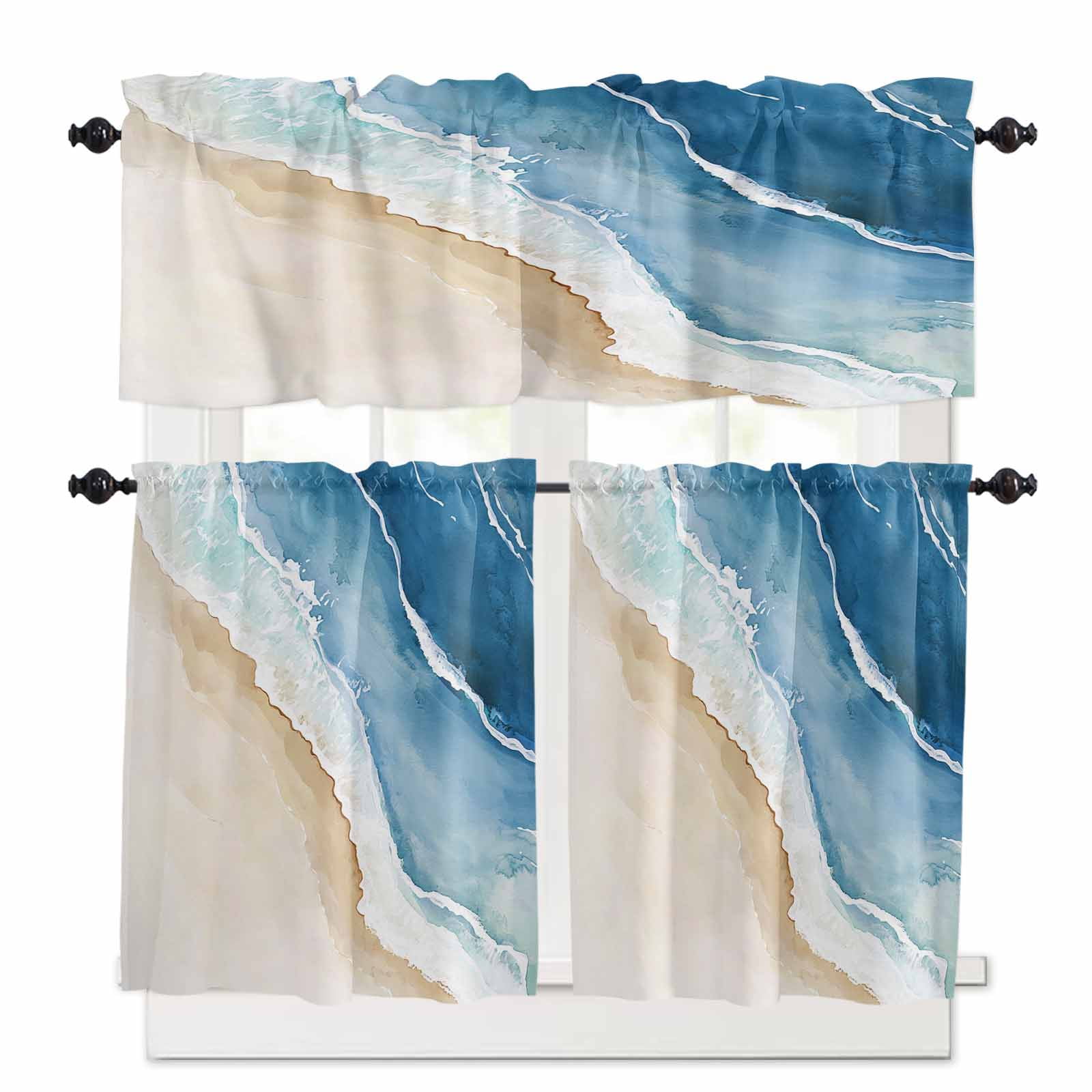 Beach Ocean Wave Kitchen Curtains Valance and Tier Set Blue Watercolor ...