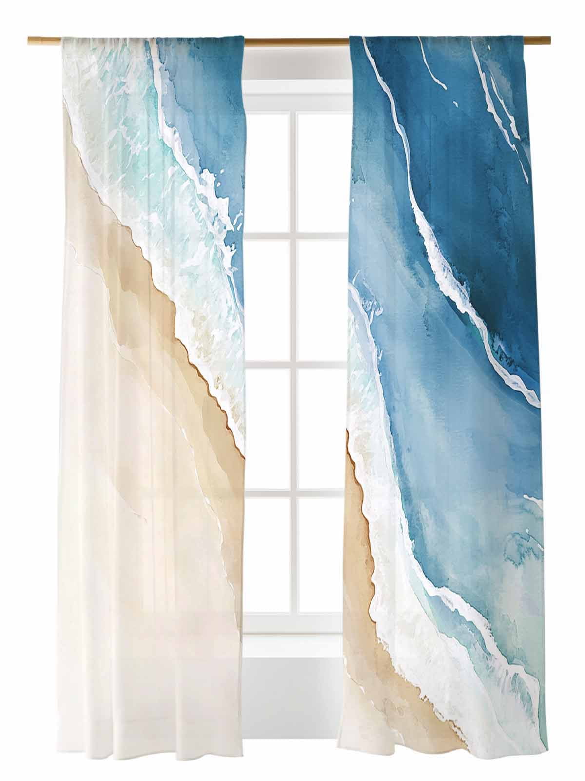 Beach Ocean Wave Sheer Curtains 2 Panels Set Blue Watercolor Painting ...