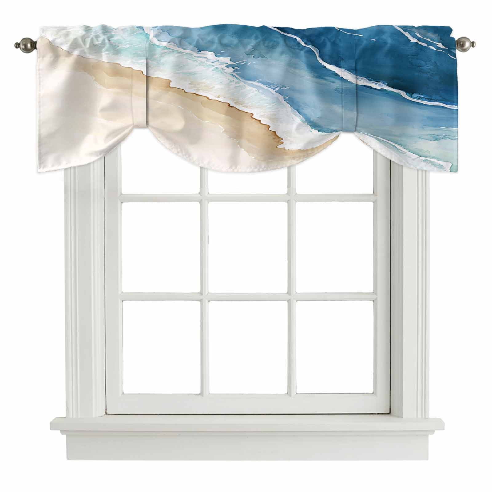Beach Ocean Wave Tie Up Valance Curtains Blue Watercolor Painting ...
