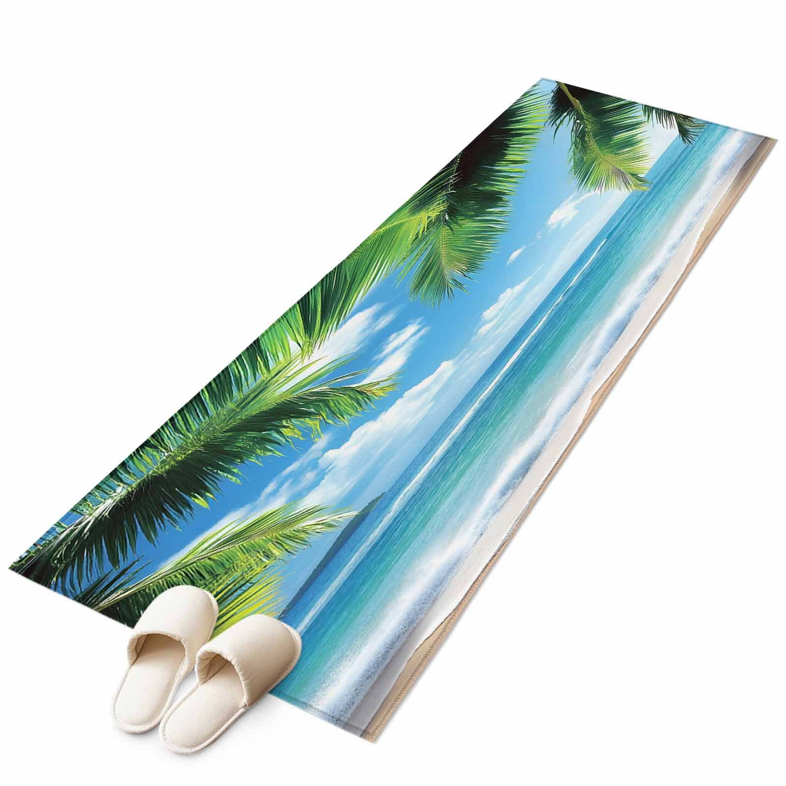 Beach Ocean Waves 2'x6' Runner Rug, Summer Tropical Palm Tree Leaves ...